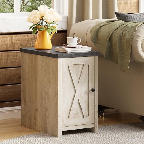 LIKIMIO Farmhouse End Table, Narrow Night Stand with Storage and Barn ...