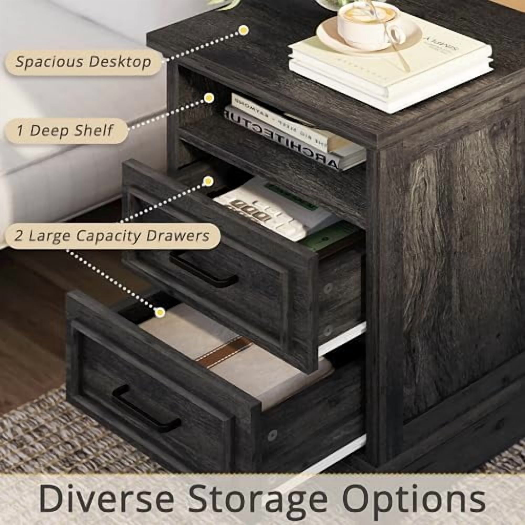 LIKIMIO Farmhouse Nightstand with Storage Drawers and Open Shelf, Small ...
