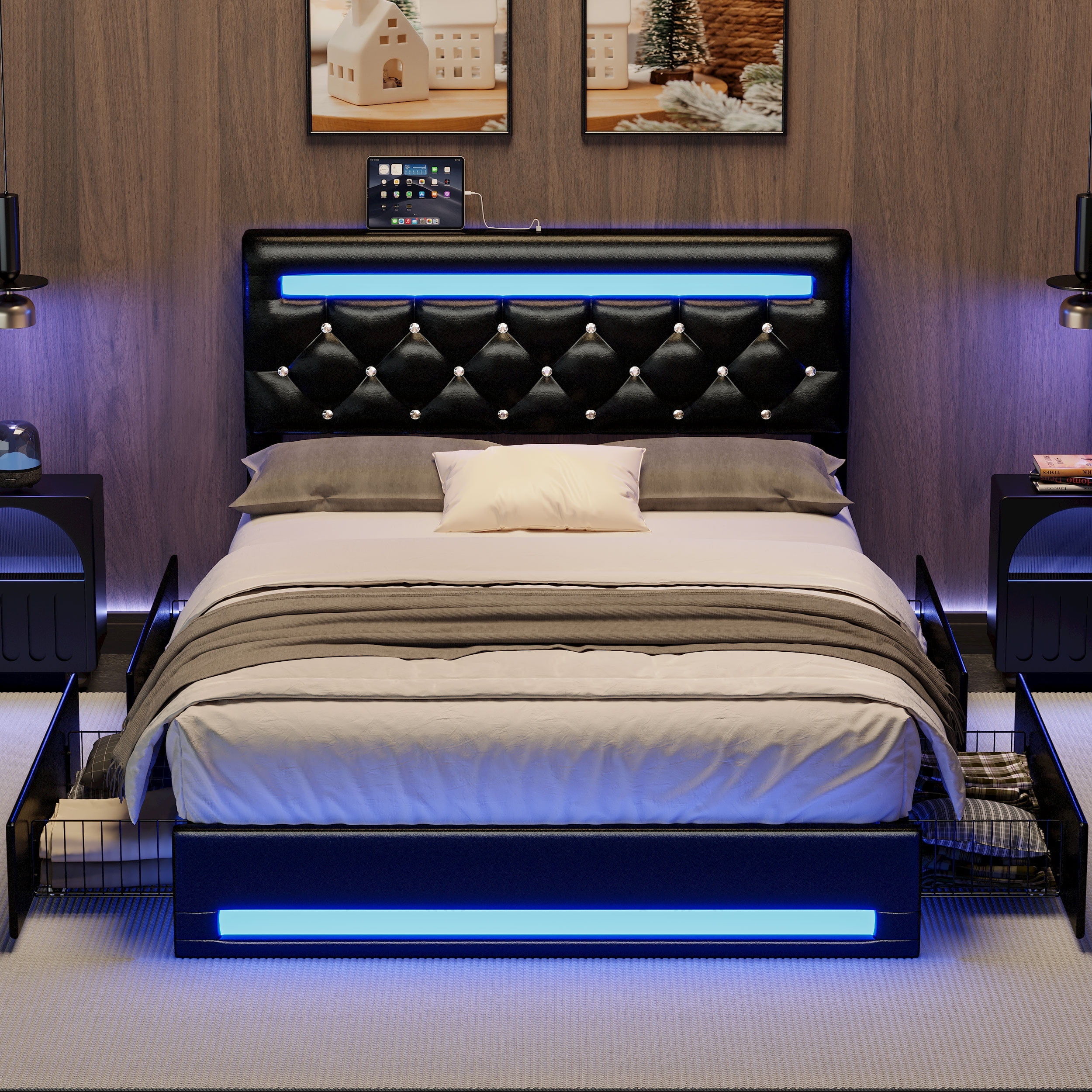 LIKIMIO Full Bed Frame with LED Light, PU Leather Platform Bed,Charging ...