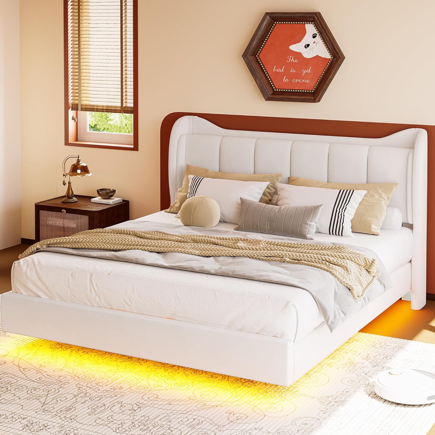 LIKIMIO King Bed Frame with LED Lights, Upholstered Floating King ...