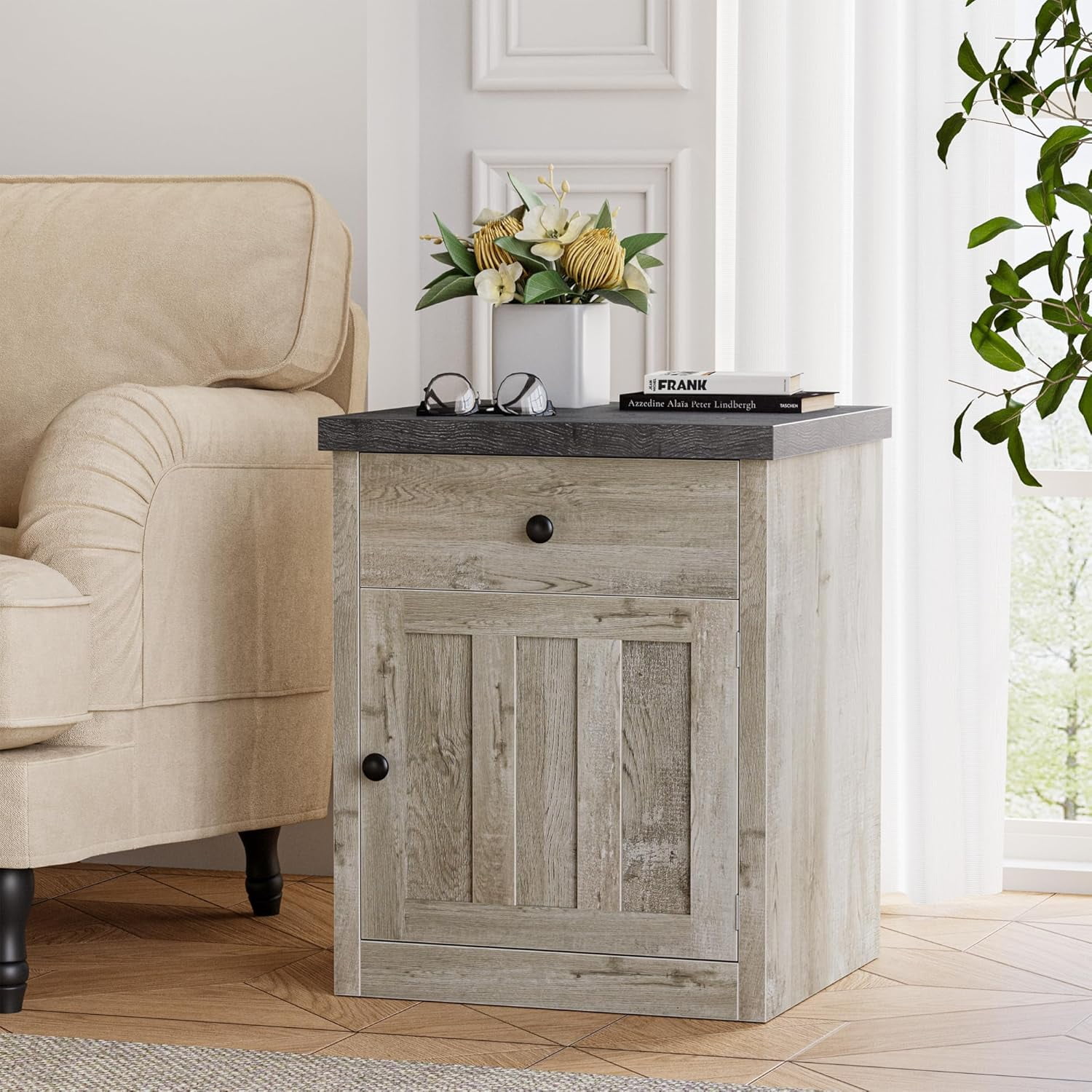 LIKIMIO Night Stand, Wood Farmhouse End Side Tables with Storage Drawer ...