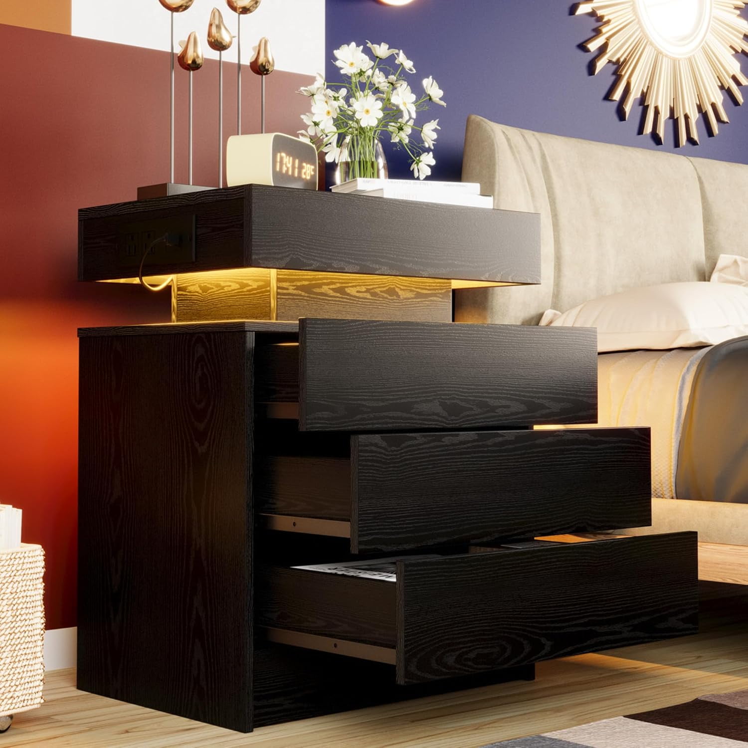 LIKIMIO Night Stand with Charging Station, Modern Black Nightstand with ...
