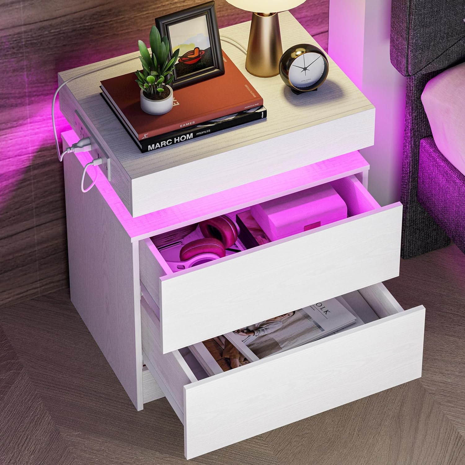 LIKIMIO Night Stand with Charging Station, Modern White Nightstand with ...