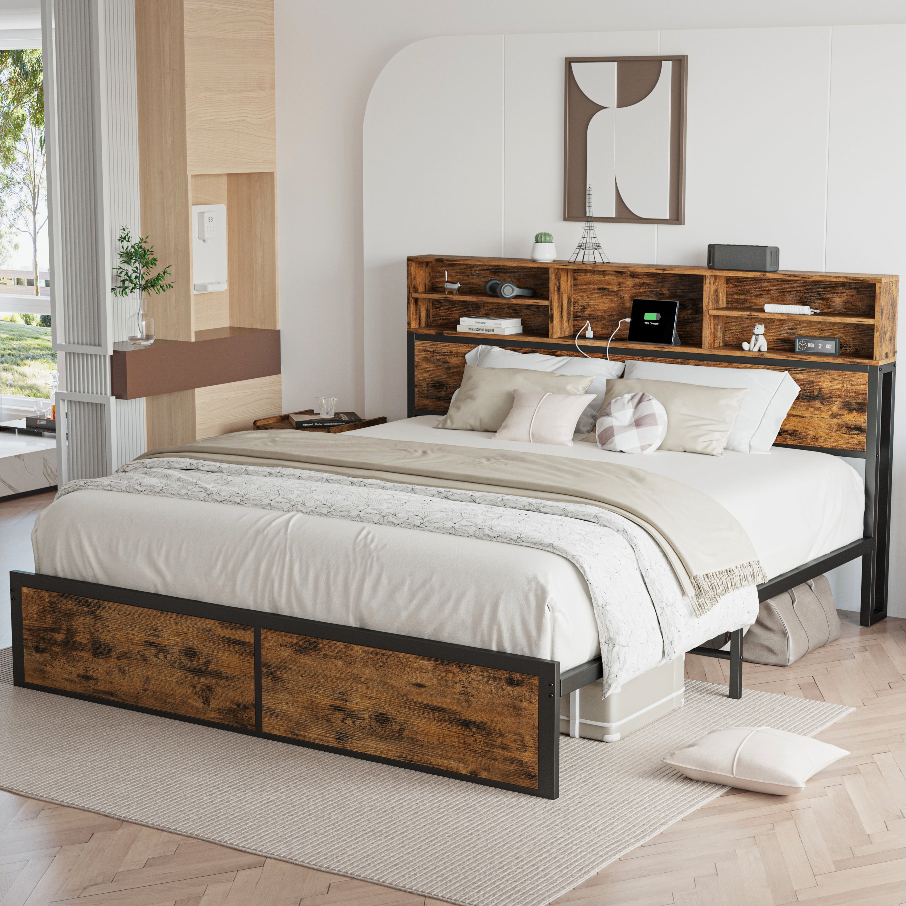 LIKIMIO Queen Bed Frame, Tall Bookcase Headboard, Charging Station ...