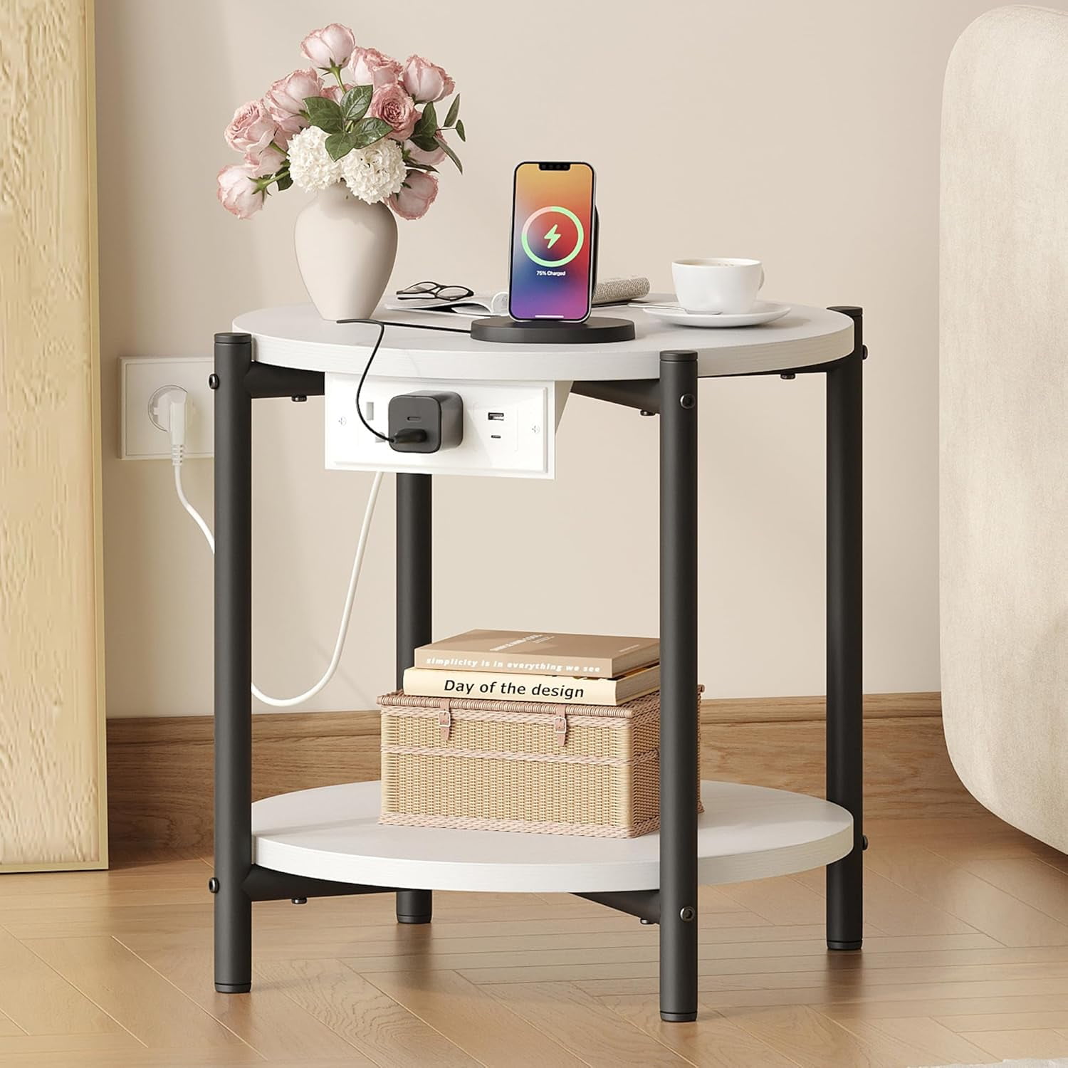 LIKIMIO Side Table with Charging Station, 2-Tier Round End Table with ...