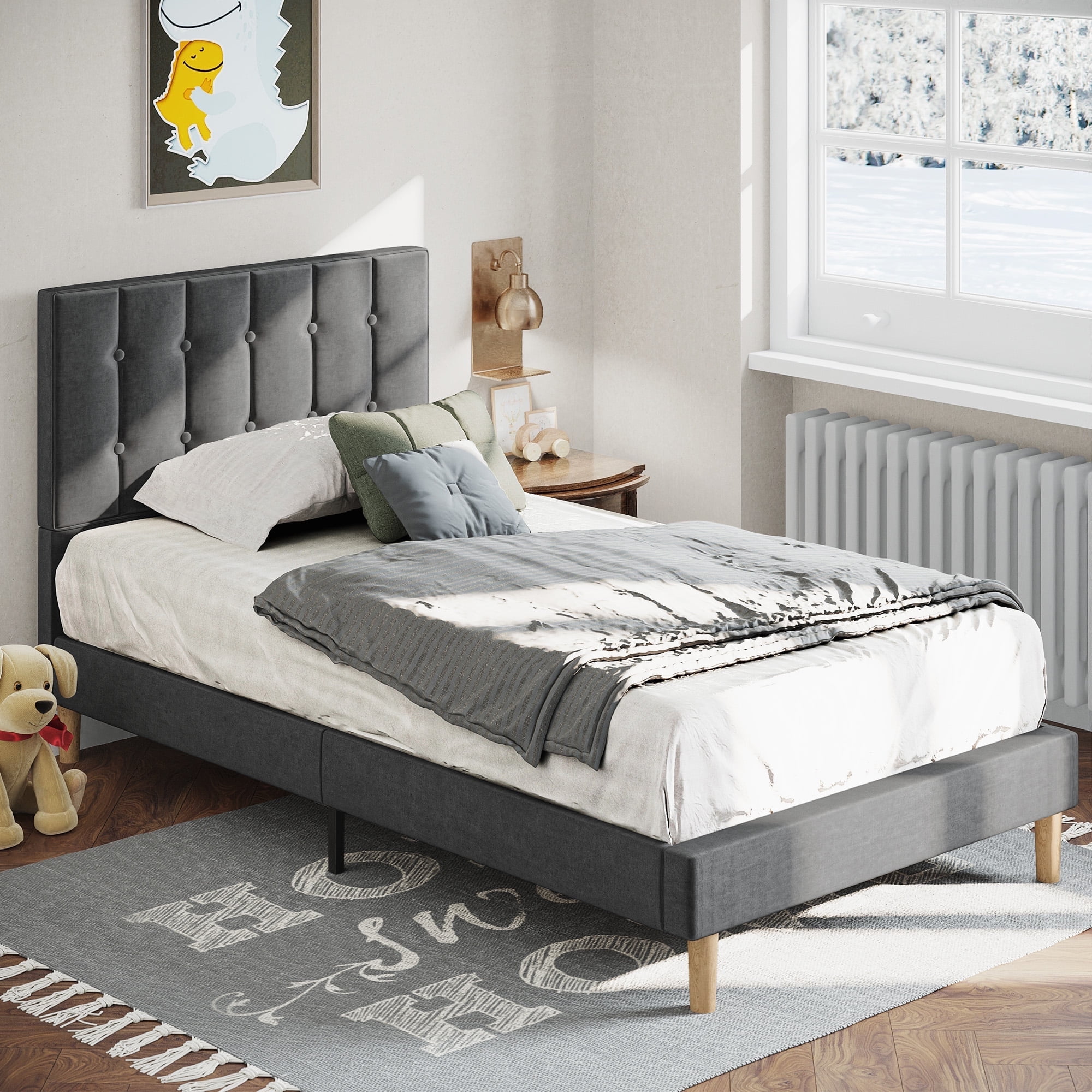LIKIMIO Twin Size Bed Frame, Upholstered Headboard, No Box Spring ...