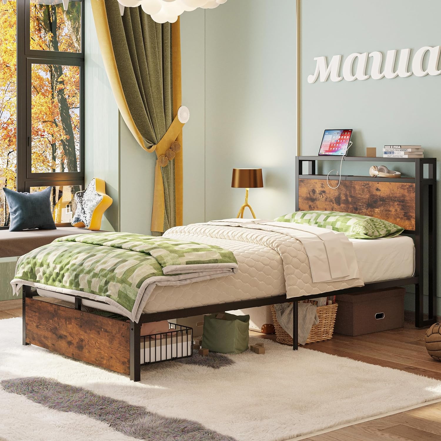 LIKIMIO Twin Bed Frames with Drawer, Storage Headboard with Outlets, No ...
