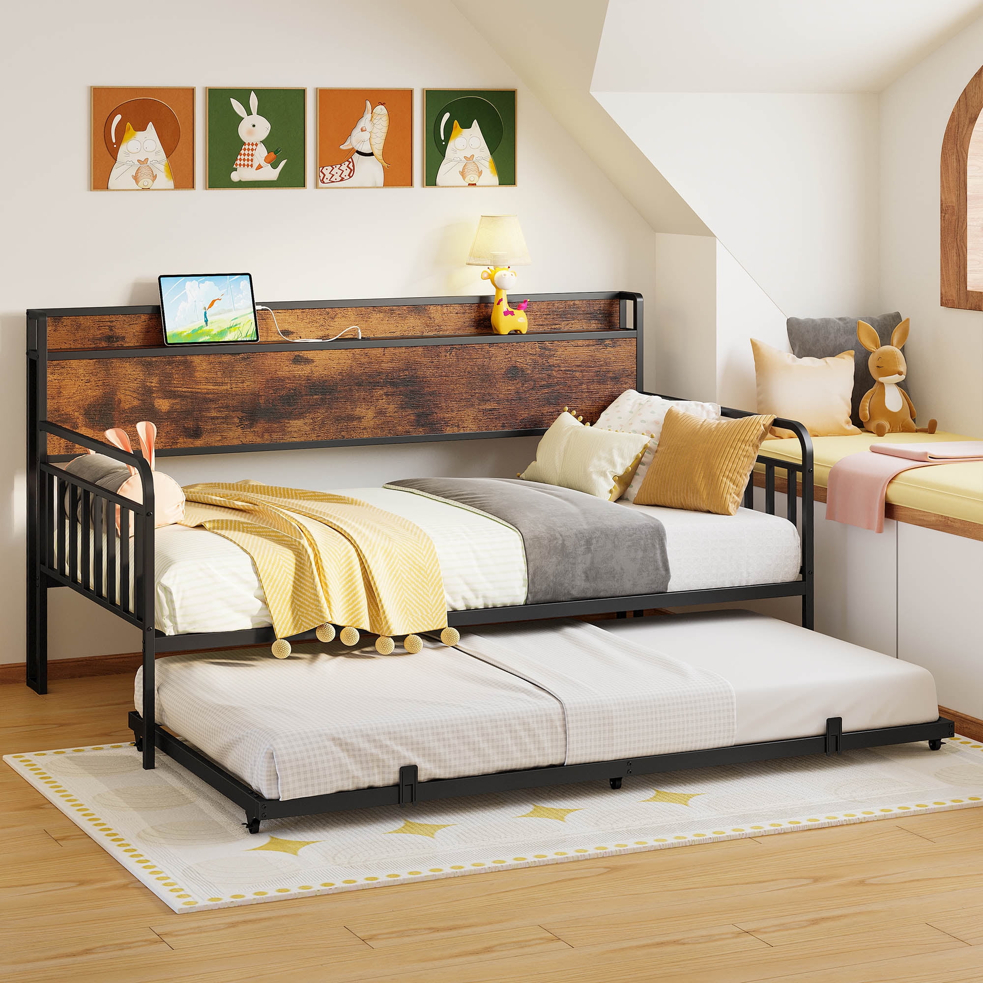 LIKIMIO Daybed with Trundle, Twin Day Bed Frame with Storage Headboard ...