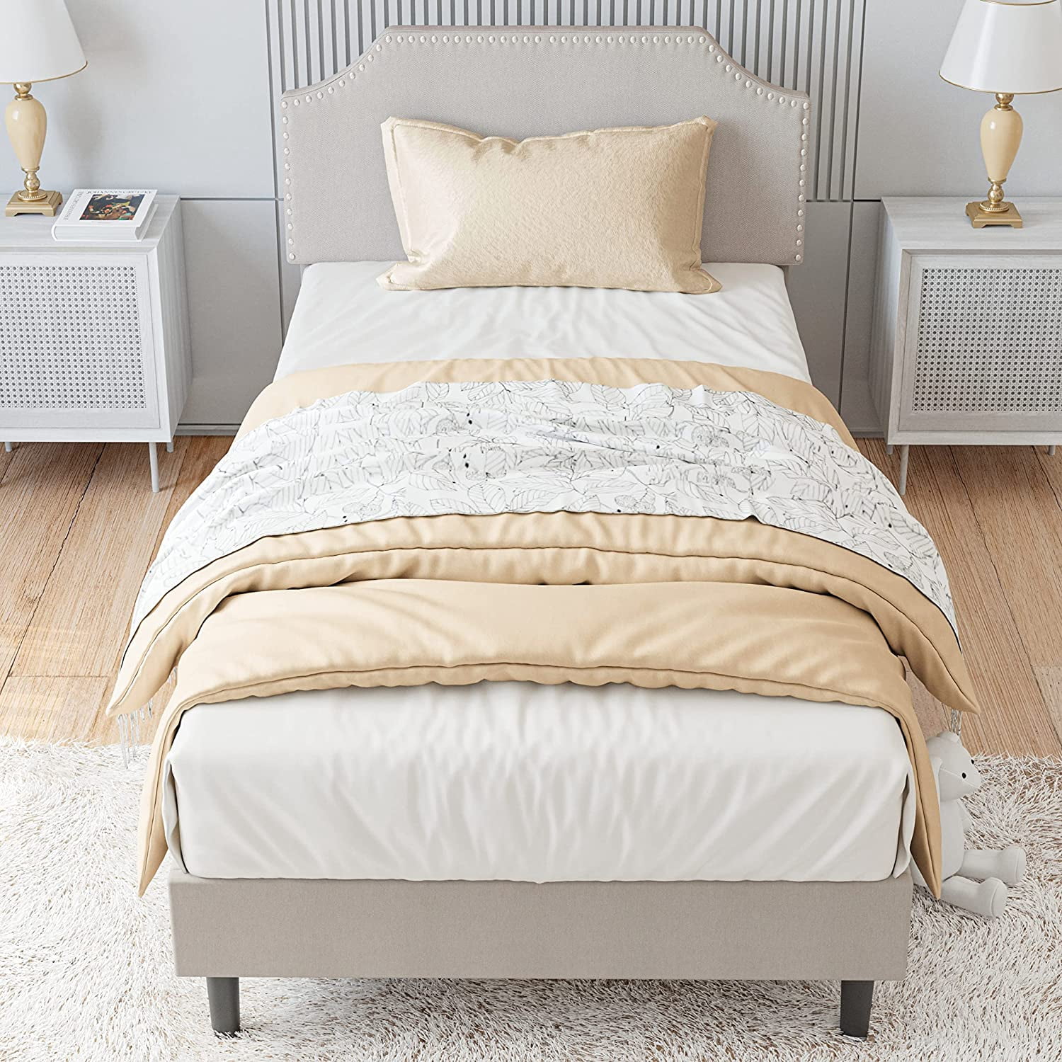 LIKIMIO Upholstered Platform Twin Bed Frame with Nailhead Trim ...