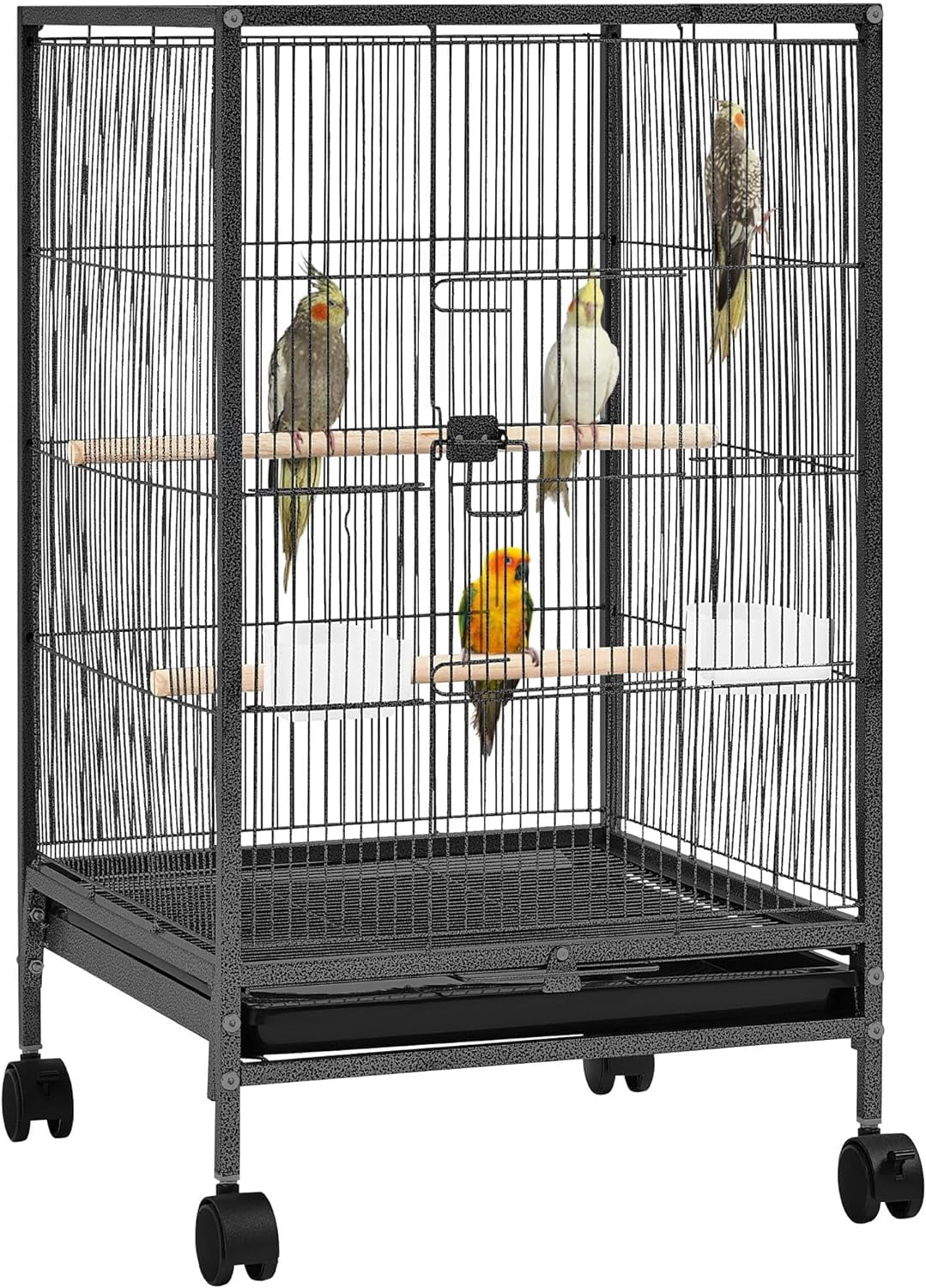 LILEYI 35 inch Wrought Iron Bird Cage w/Play Open Top and Rolling Stand ...