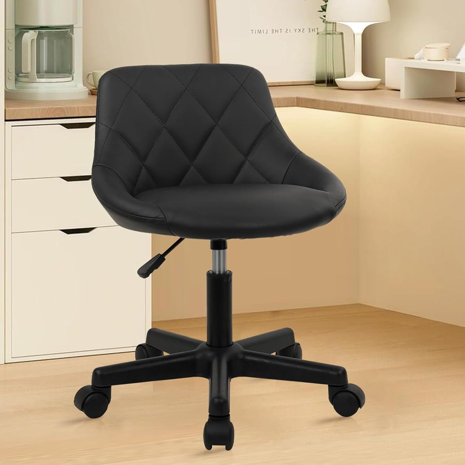 LILEYI Low Back Rolling Stool PU Leather Vanity Stools, Adjustable ...
