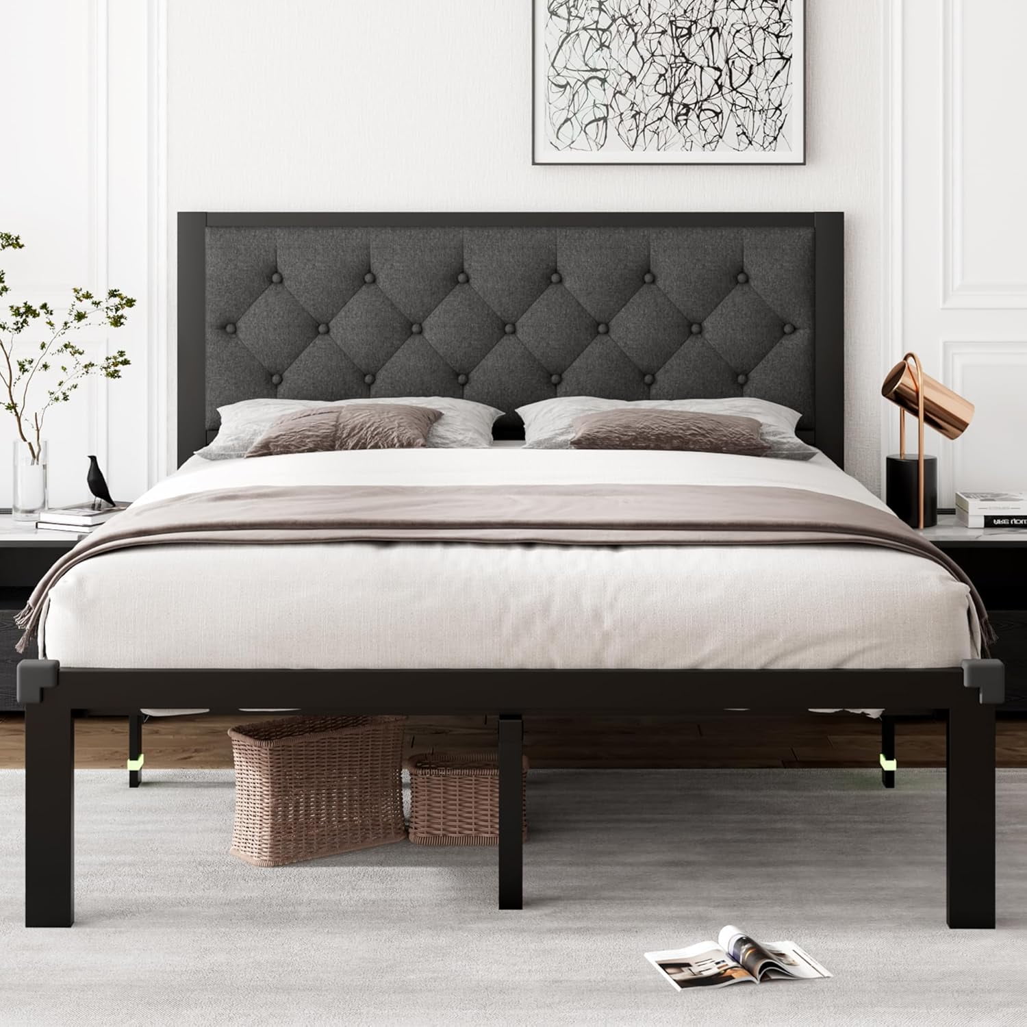 LILEYI Queen Metal Bed Frame, Linen Platform Bed Frame with Button ...