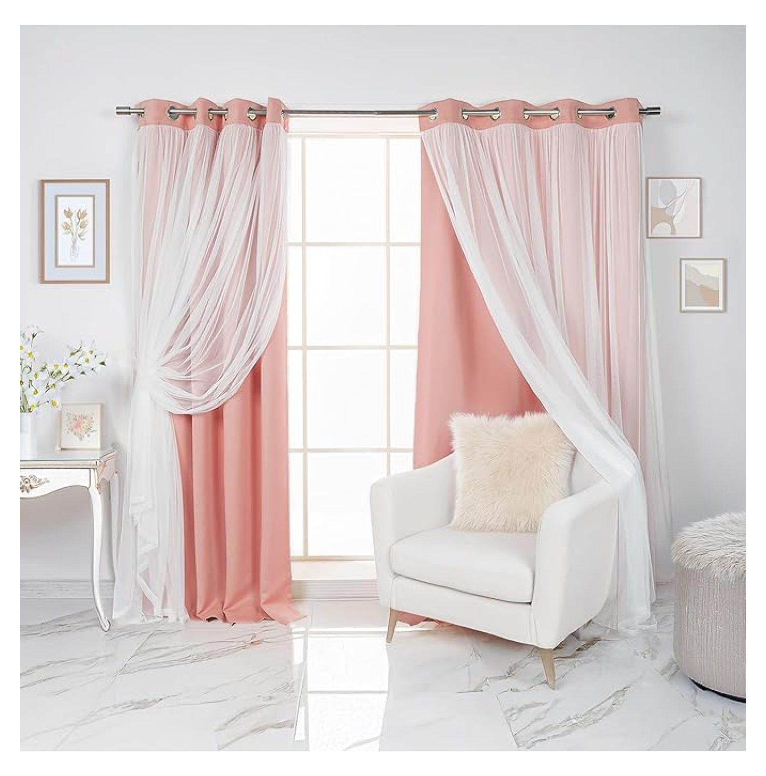 LILEYI Set of 2 Lace Tulle Overlay Thermal Insulated Solid Blackout ...