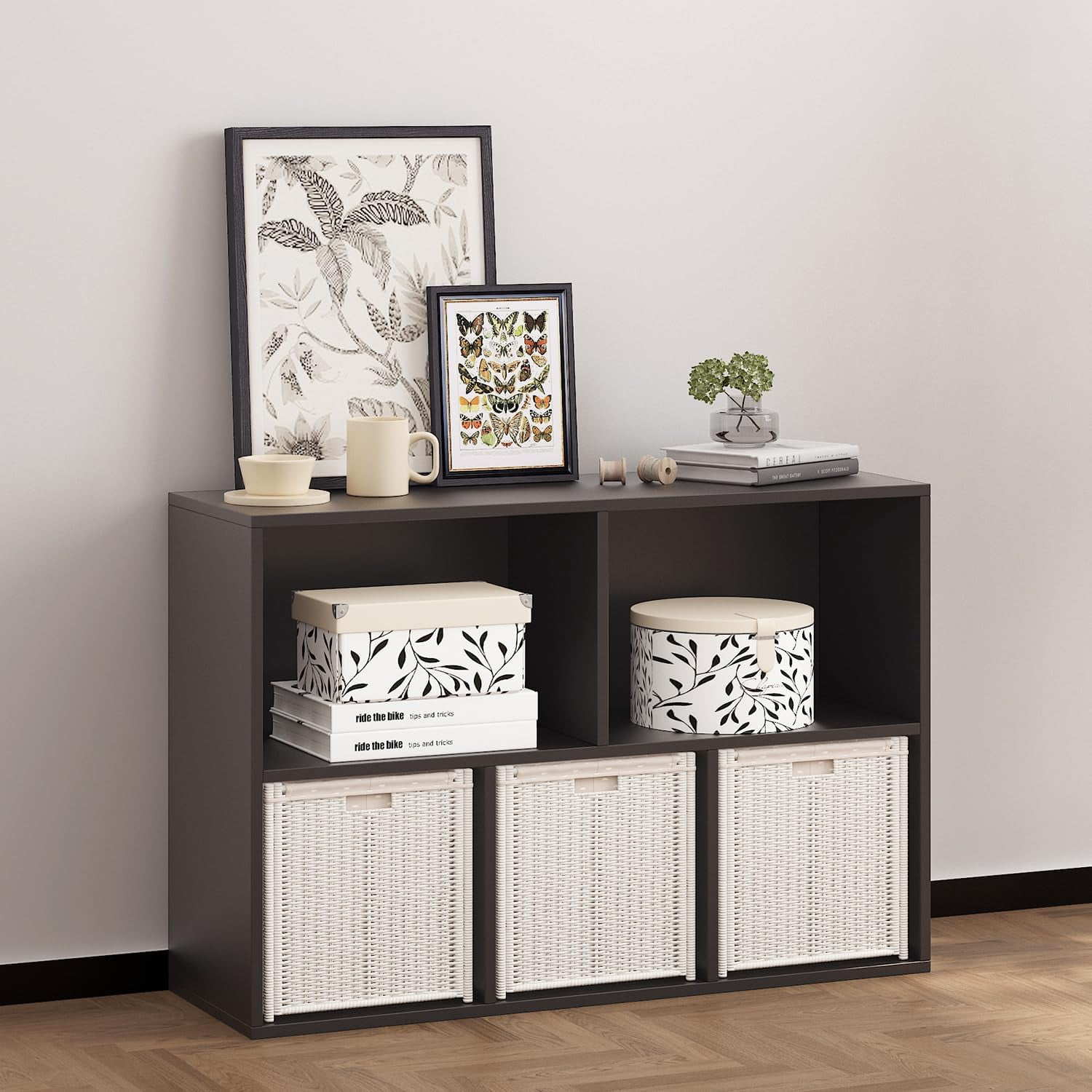 LILEYI Wooden 5 Cube Storage Organizer with Closed Back Panel, Black Cube Shelf Heavy Duty Cubby ...