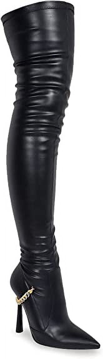 LILIANA POLYURETHANE VIKKI-1 THIGH-HIGH POINTY TOE BOOT WITH CHAIN ...