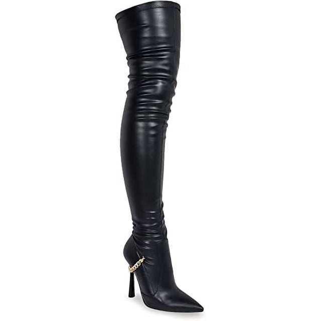 LILIANA POLYURETHANE VIKKI-1 THIGH-HIGH POINTY TOE BOOT WITH CHAIN ...