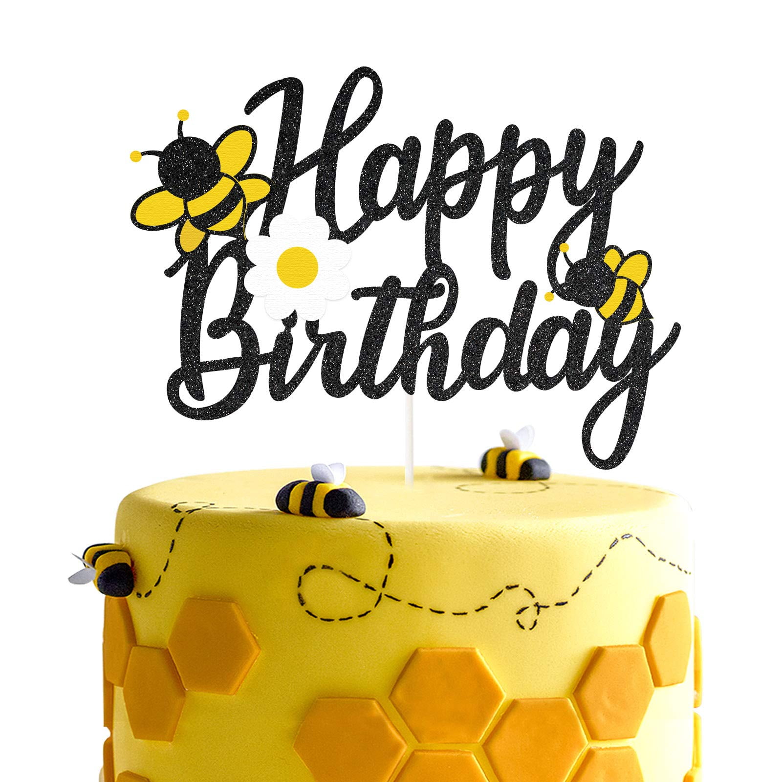 LILIPARTY Glitter Bee Happy Birthday Cake Topper,Happy Bee Day Cake ...