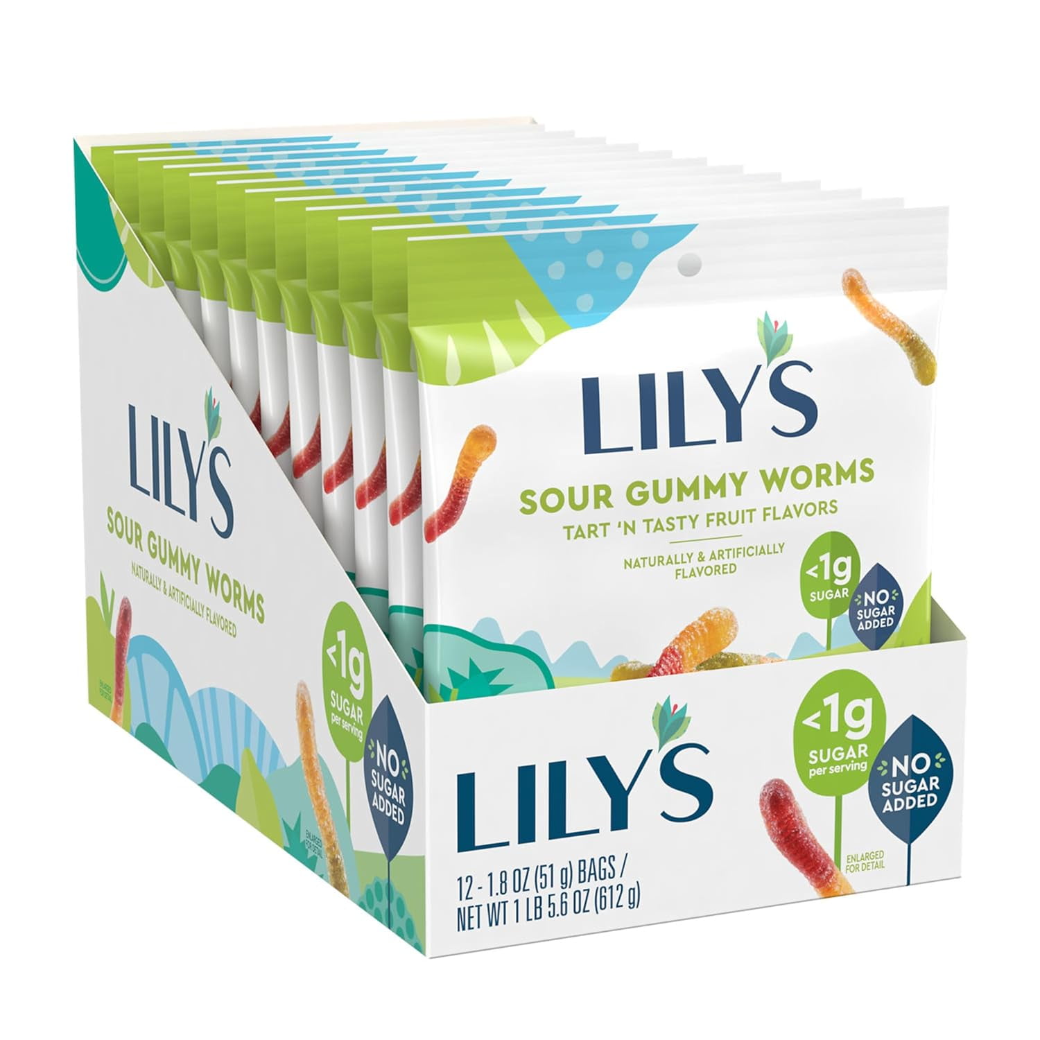 LILY'S Assorted Fruit Flavored No Sugar Added, Sour Gummy Worms Bags, 1 ...