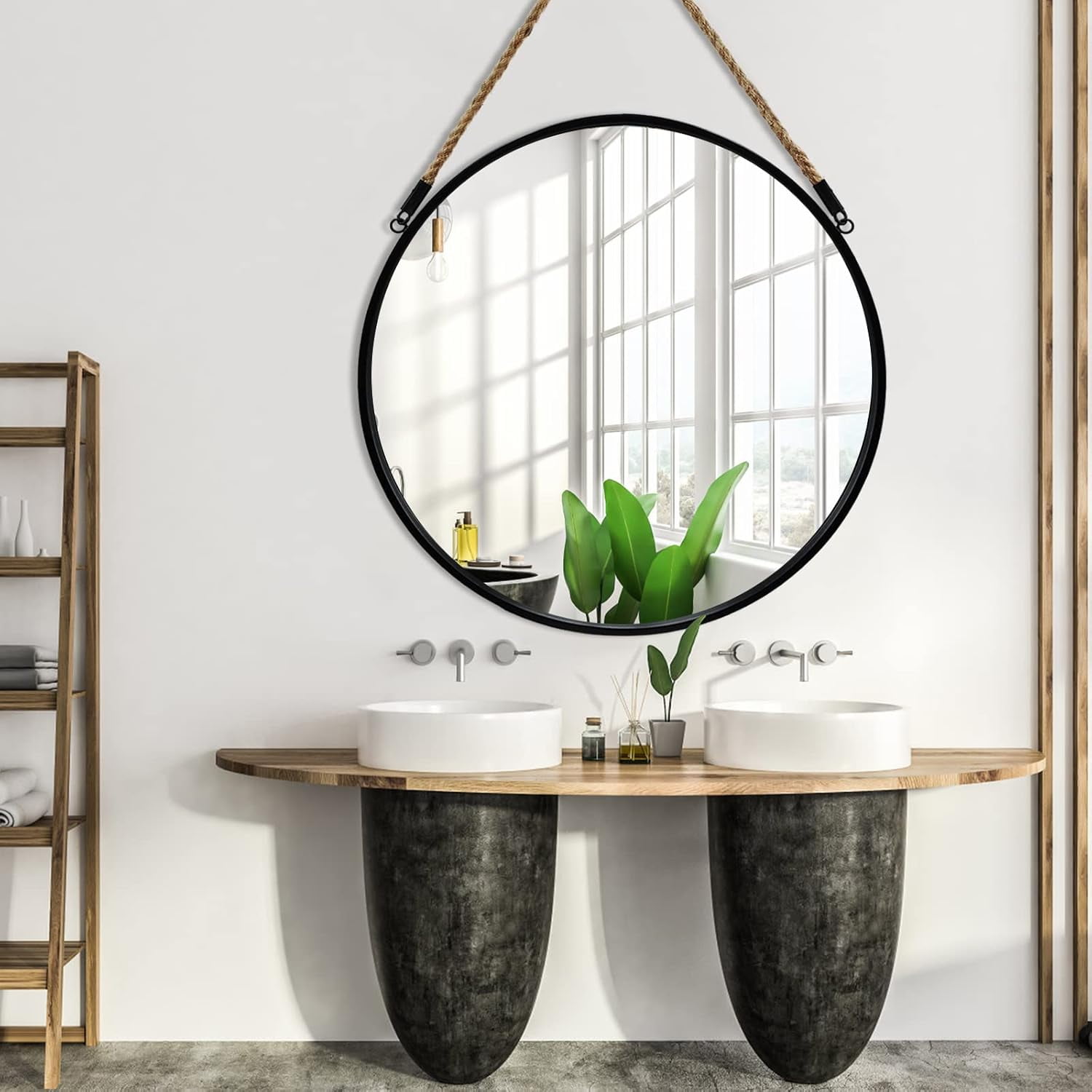 LIMENG Large Round Hanging Rope Mirror, 24 Inch Black Frame Farmhouse ...