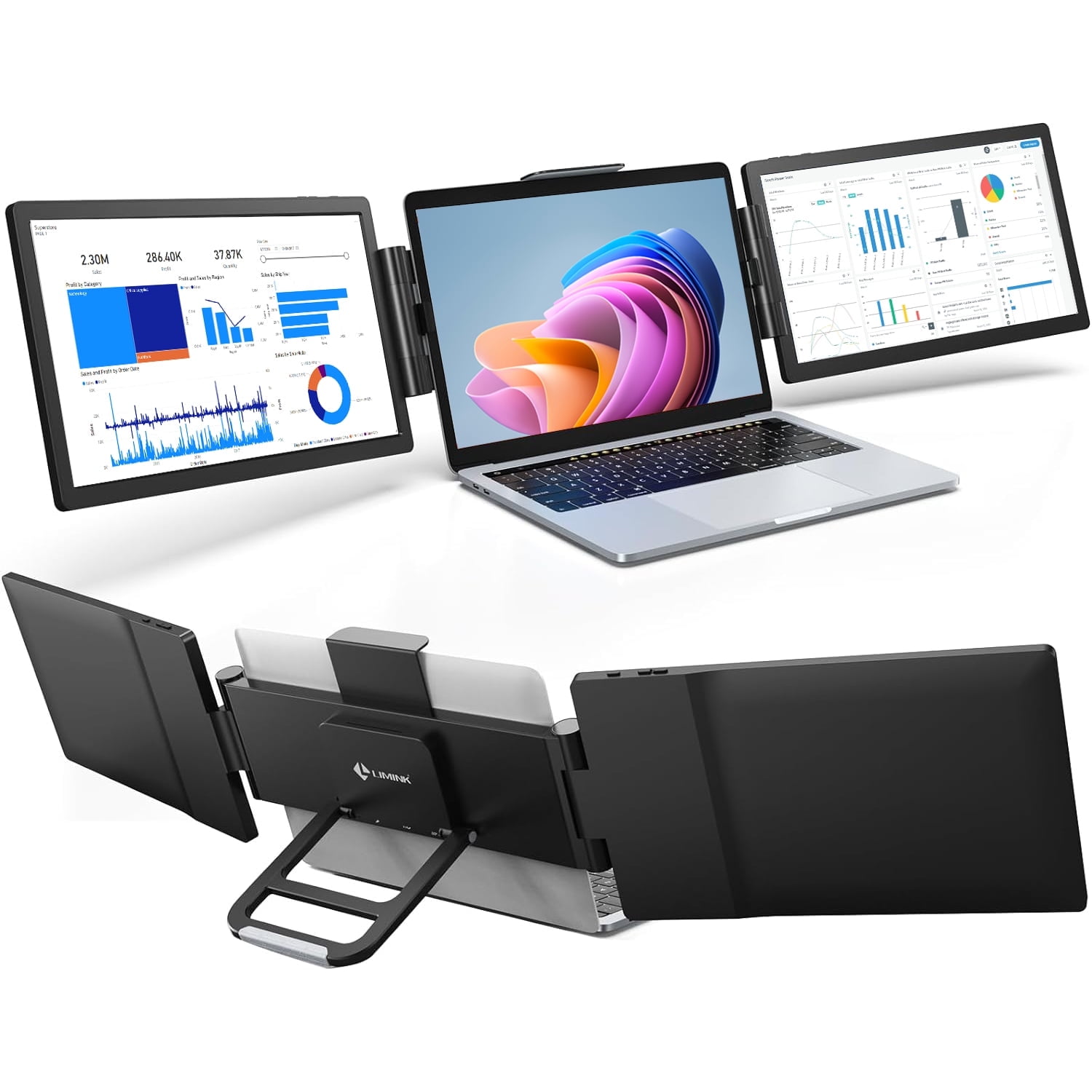 LIMINK Portable Triple Monitor for 13-16" Laptop, Plug & Play ...
