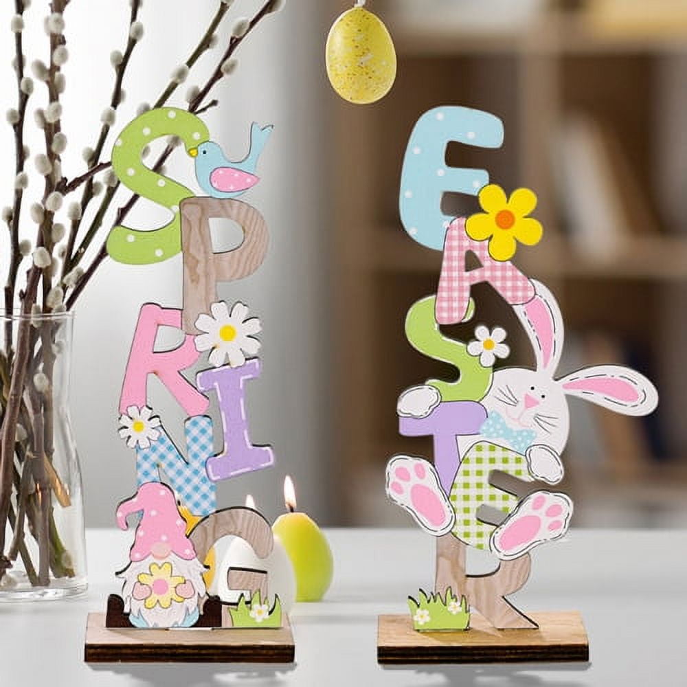 LINASHI 2Pcs Easter Rabbit Pattern Table Sign Wooden Centerpiece Signs ...