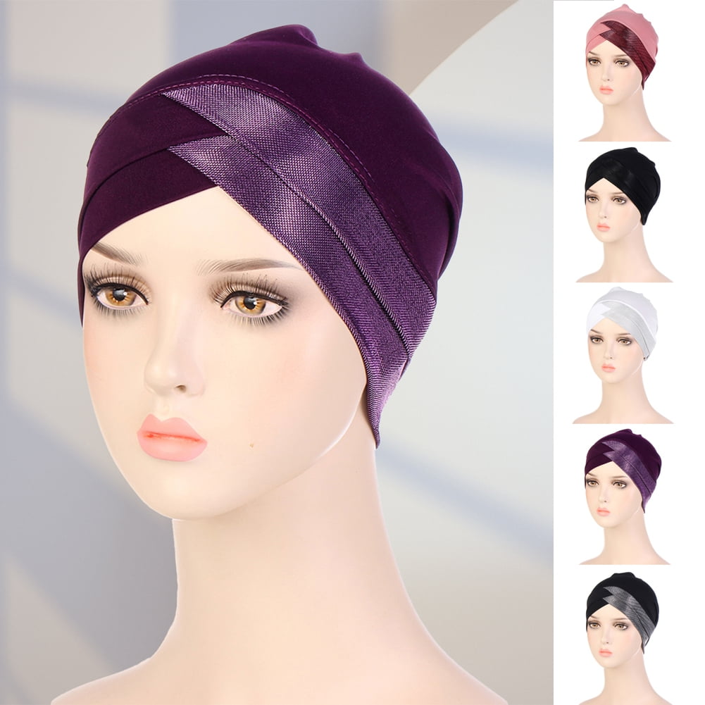 LINASHI Bright Silk Brimless Stretch Headscarf Head Beanie Cover ...