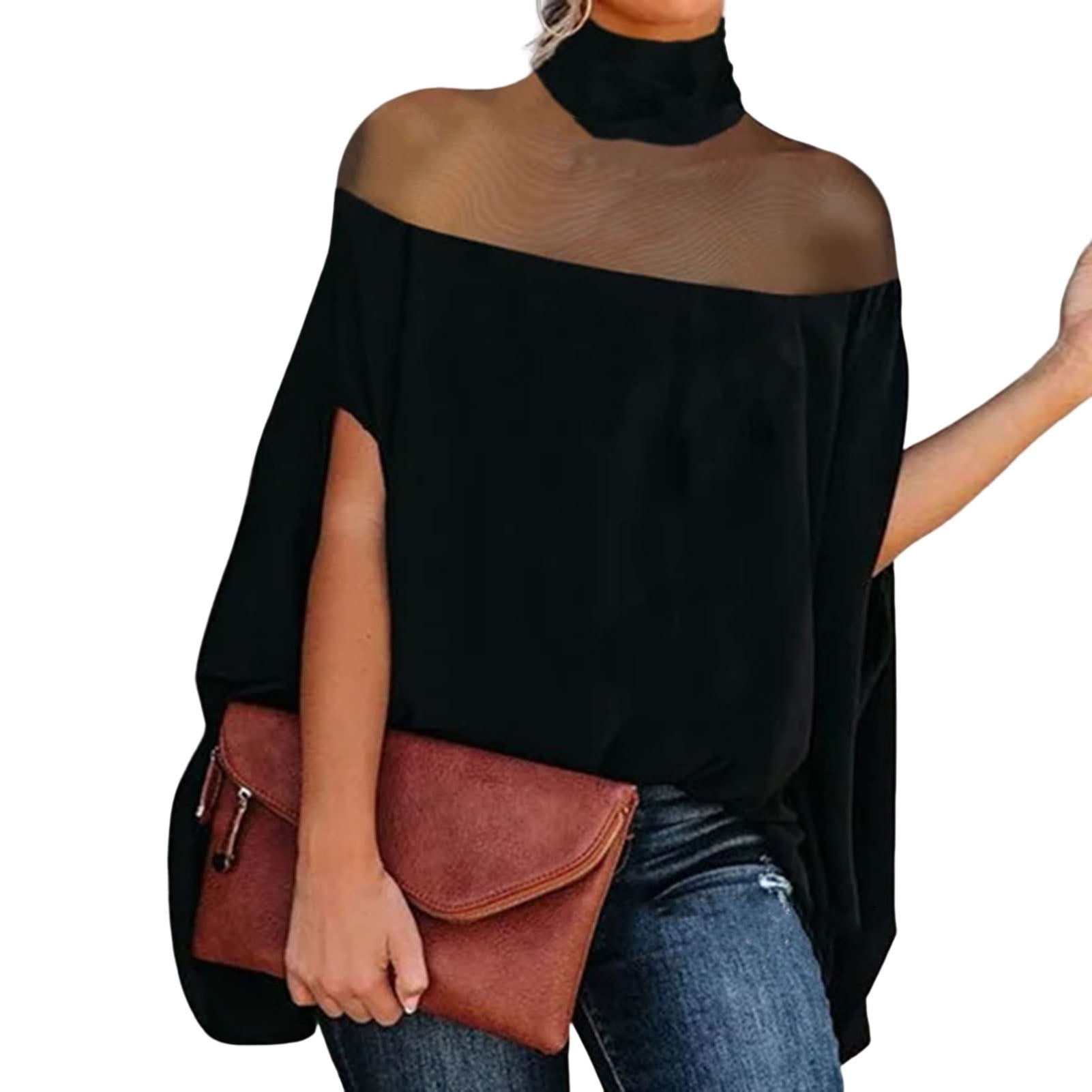 LINASHI High Half Collar Women Tops See-through Mesh Stitching Loose ...