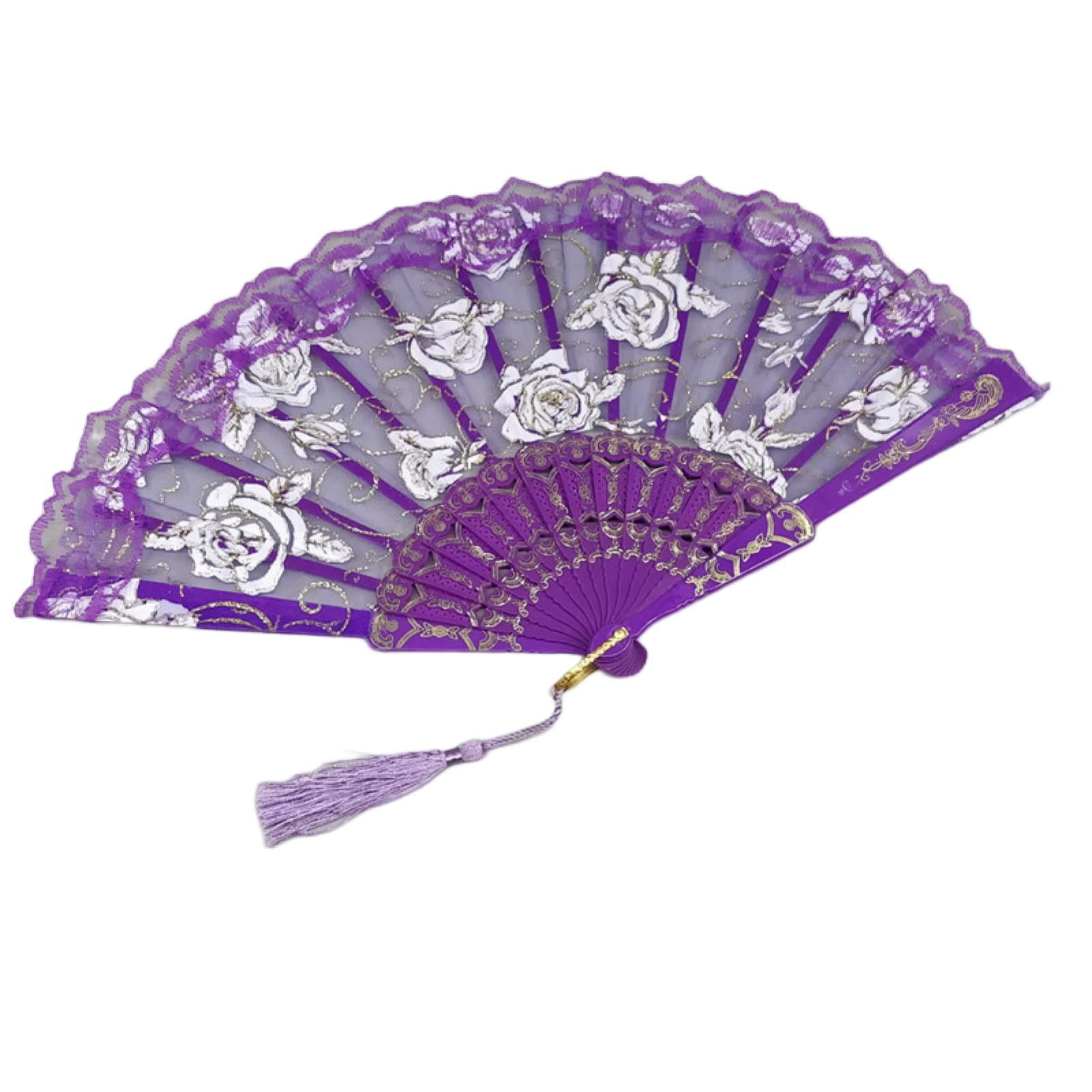 LINASHI Rose Lace Fan Rose Lace Folding Fan with Tassel Vintage Style ...