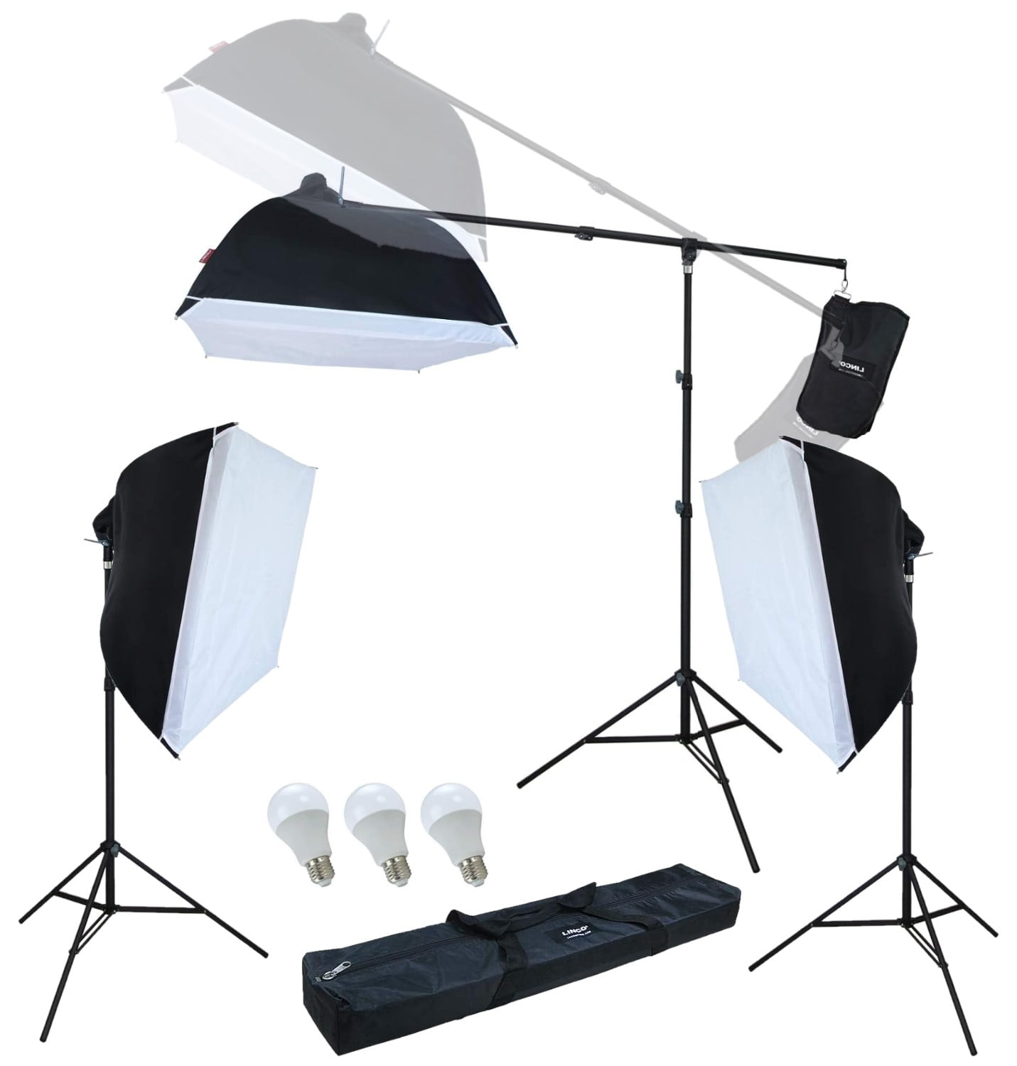 LINCO 3 LED Softbox Studio Lighting Kit with 2.5’ to 5’ Boom Arm Stand ...