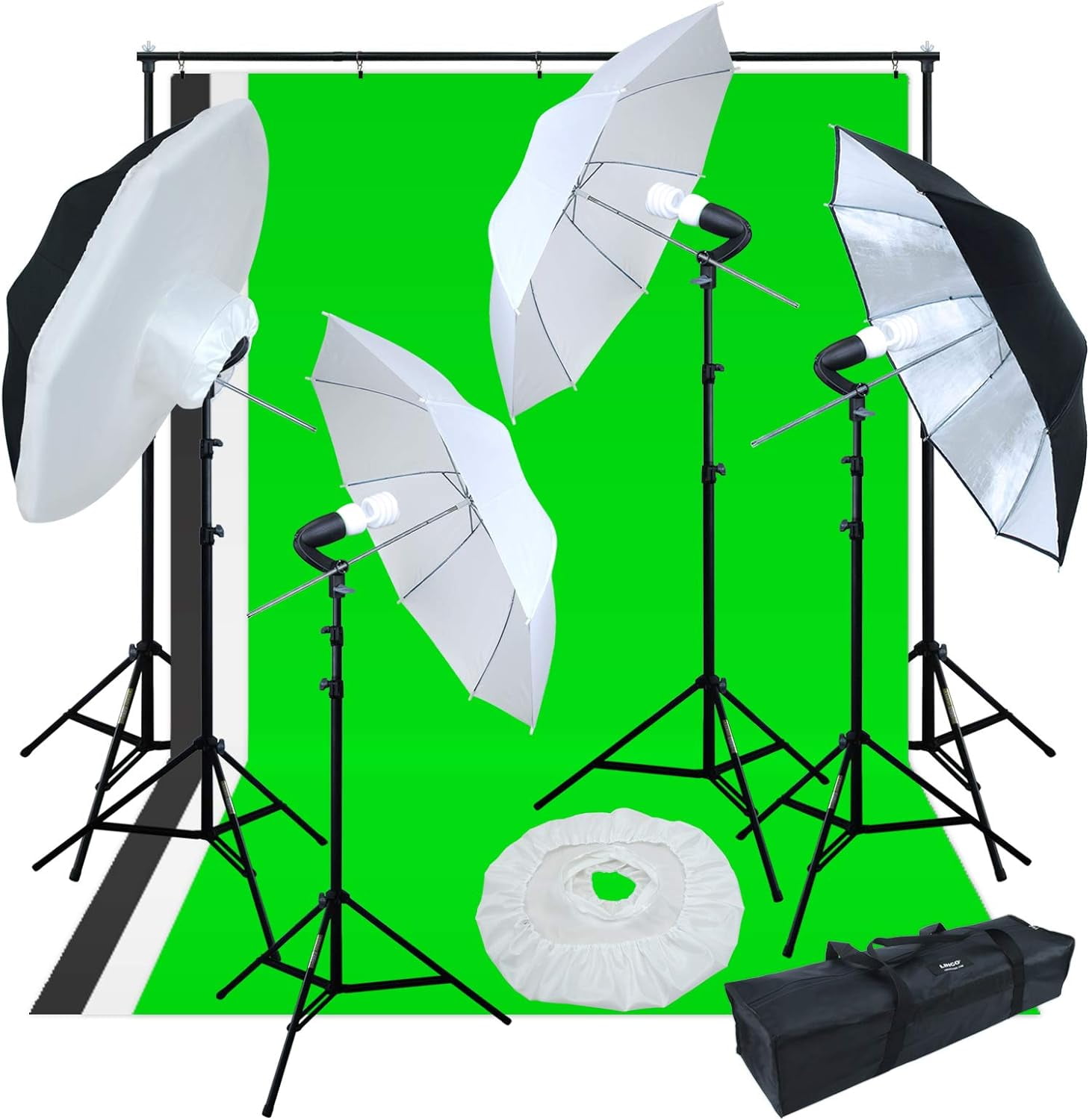 LINCO LED Photography Studio Lighting Backdrop Stand Kit 3 Color Muslin ...