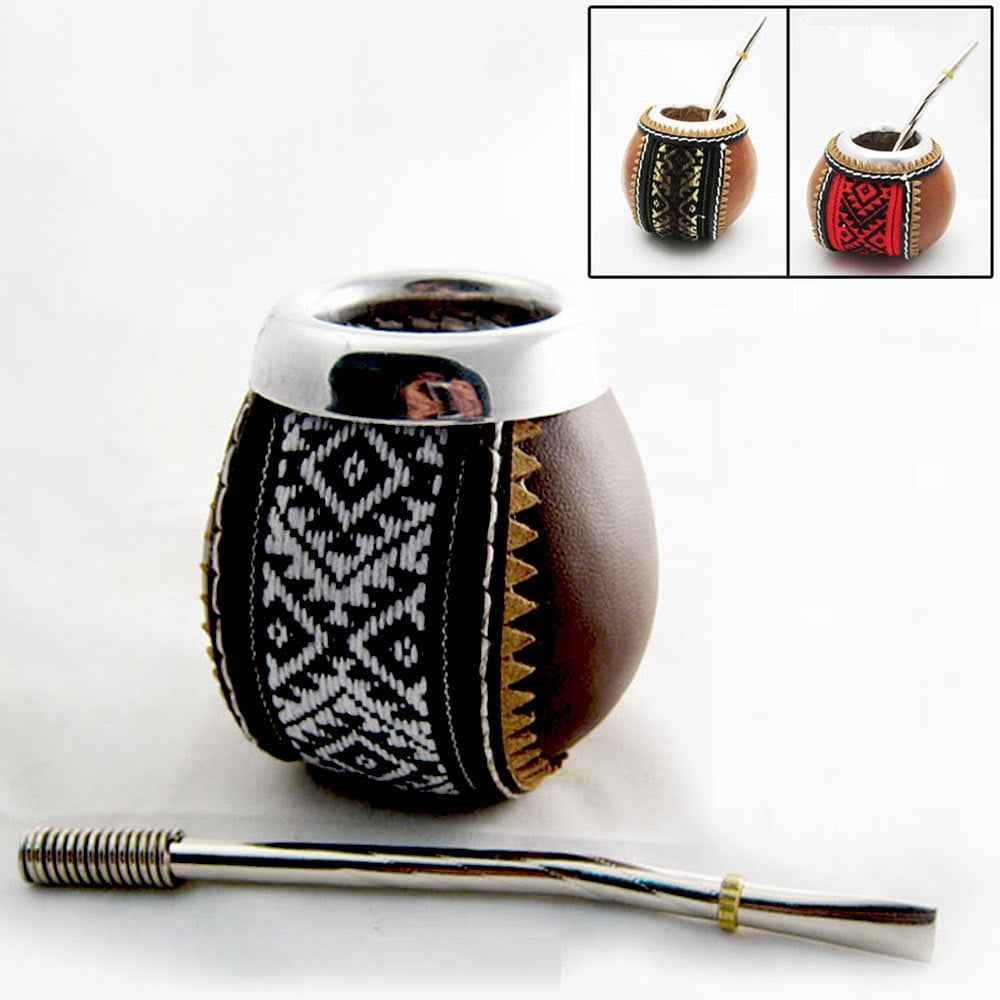 LINED IN LEATHER MATE GOURD WITH STRAW BOMBILLA KIT DIET HEALTHY DRINK ...
