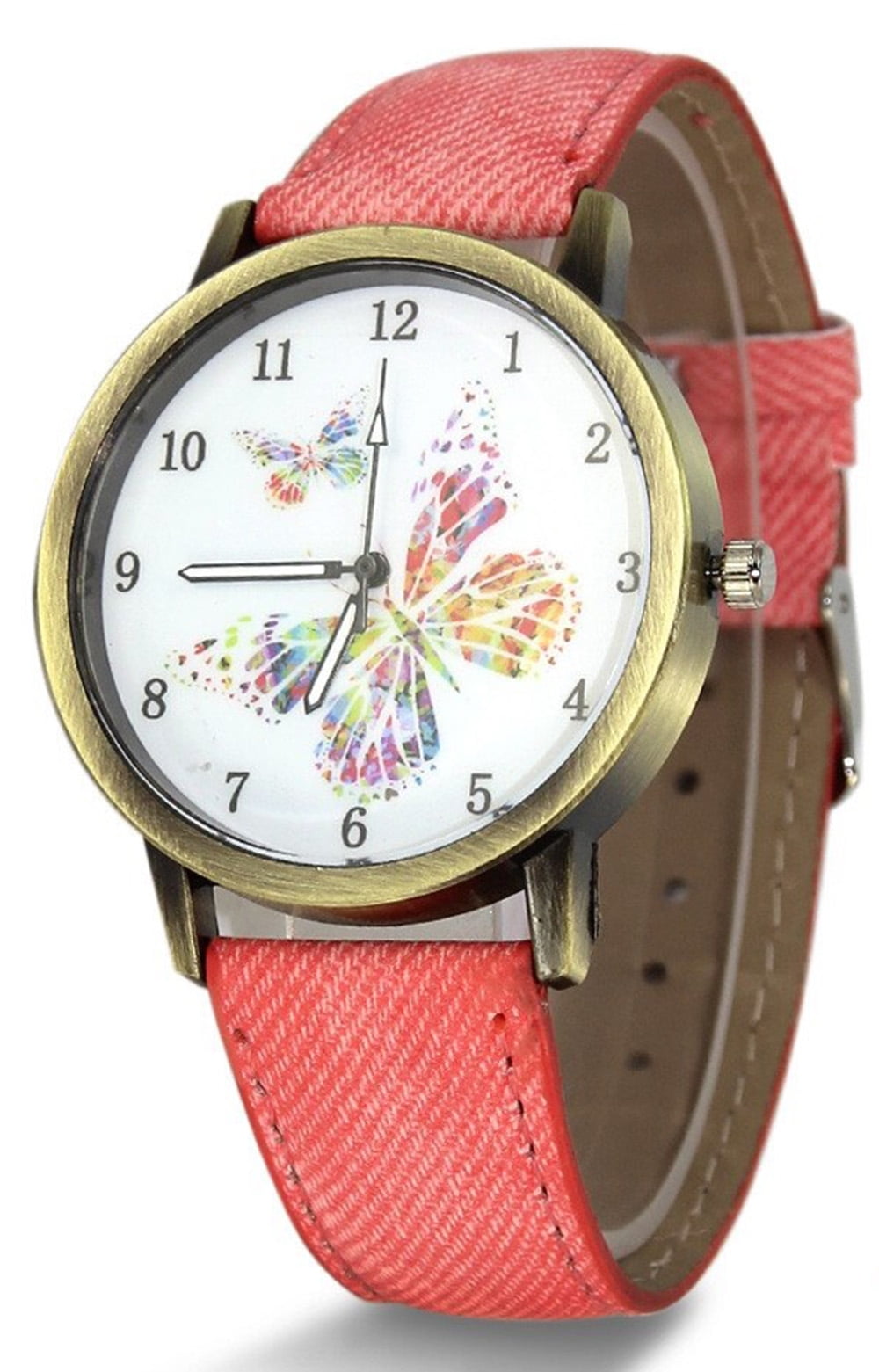 LINEL Women's Coral Cloth Band Butterfly Dial Watch Multicolored ...