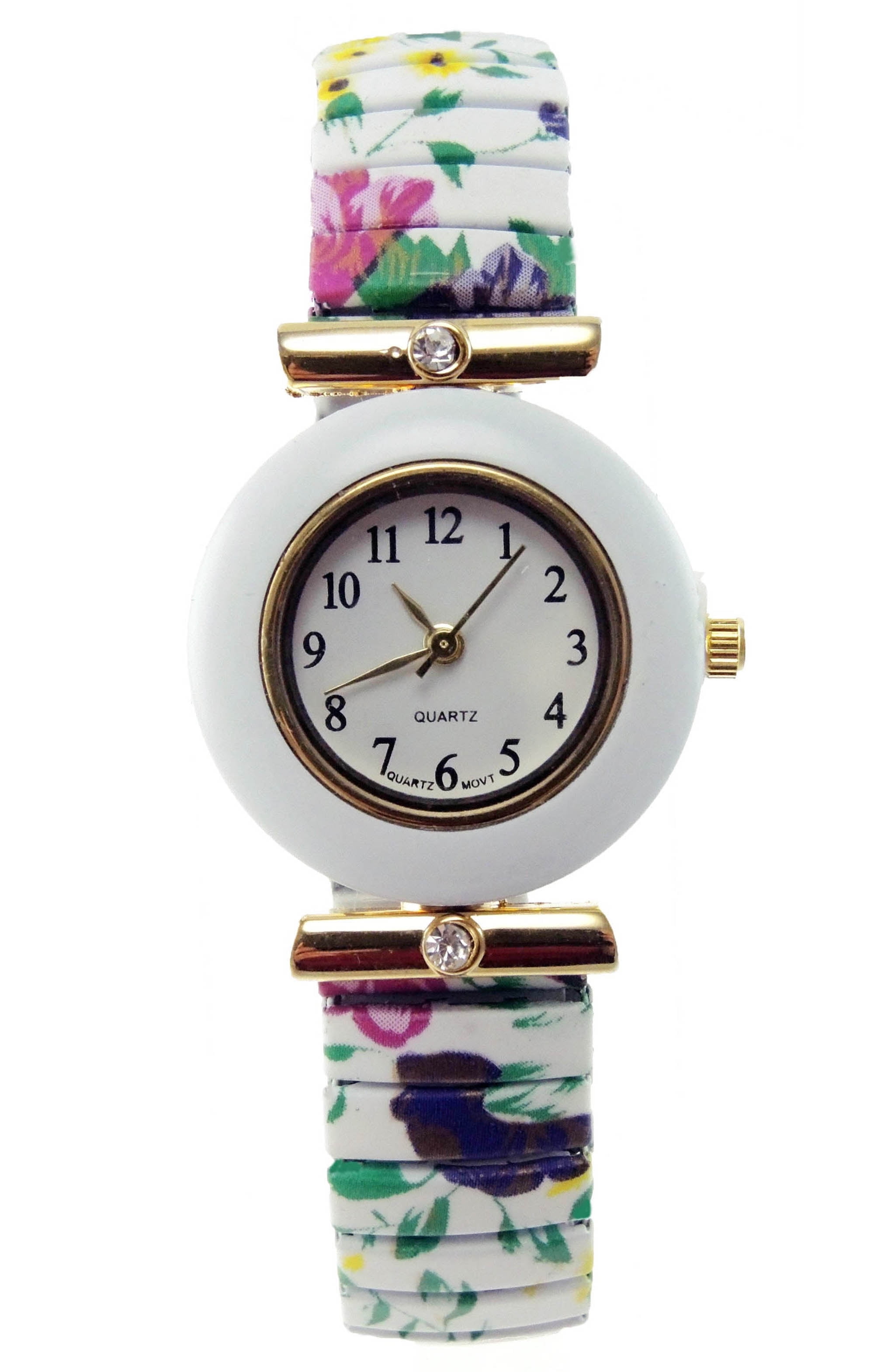 LINEL Women's White Floral Stretch Band Watch Crystal Accents Easy Read ...