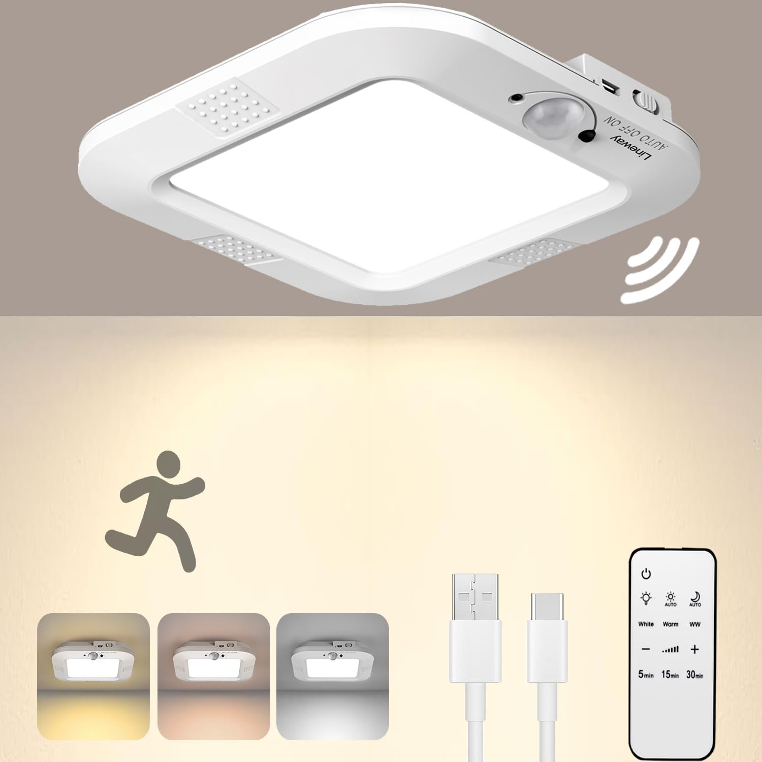 LINEWAY Rechargeable Ceiling Light Motion Sensor Shower Ceiling Lamp ...