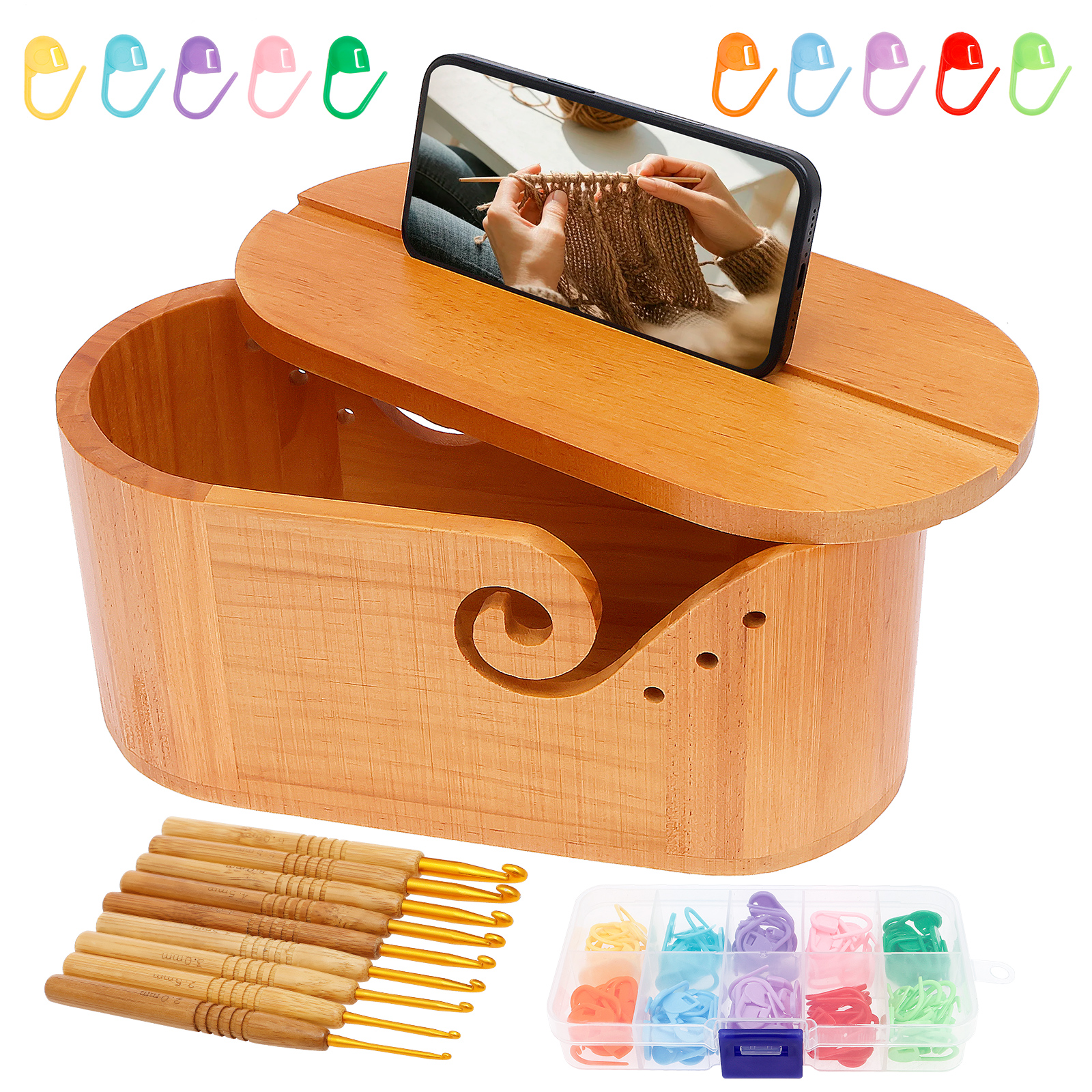 LINFANG Oval Yarn Bowl with Lid Wood Crochet Yarn Holder with Double ...