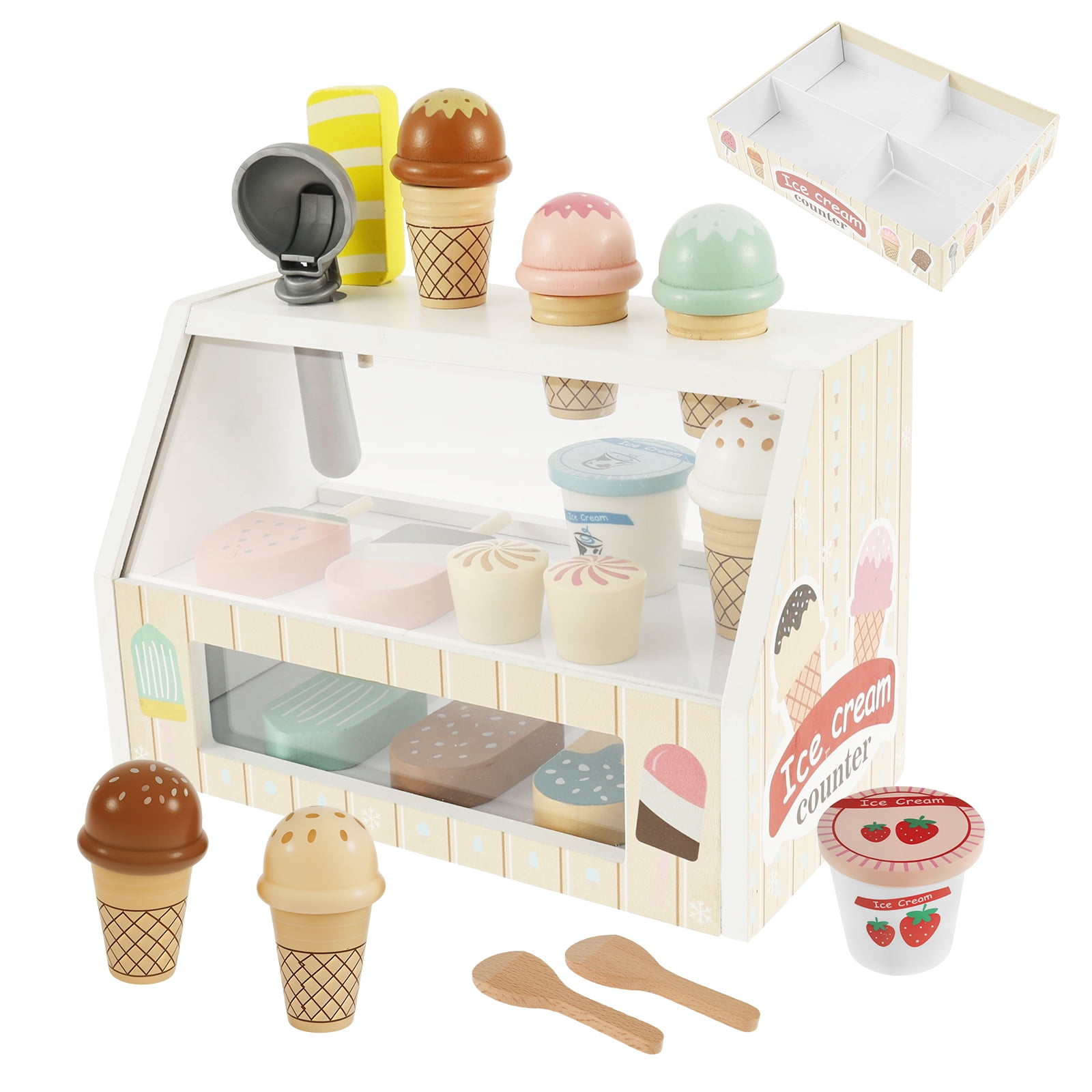LINFANG Wood Ice Cream Counter Play Set Safe Interesting Cute Food Play ...