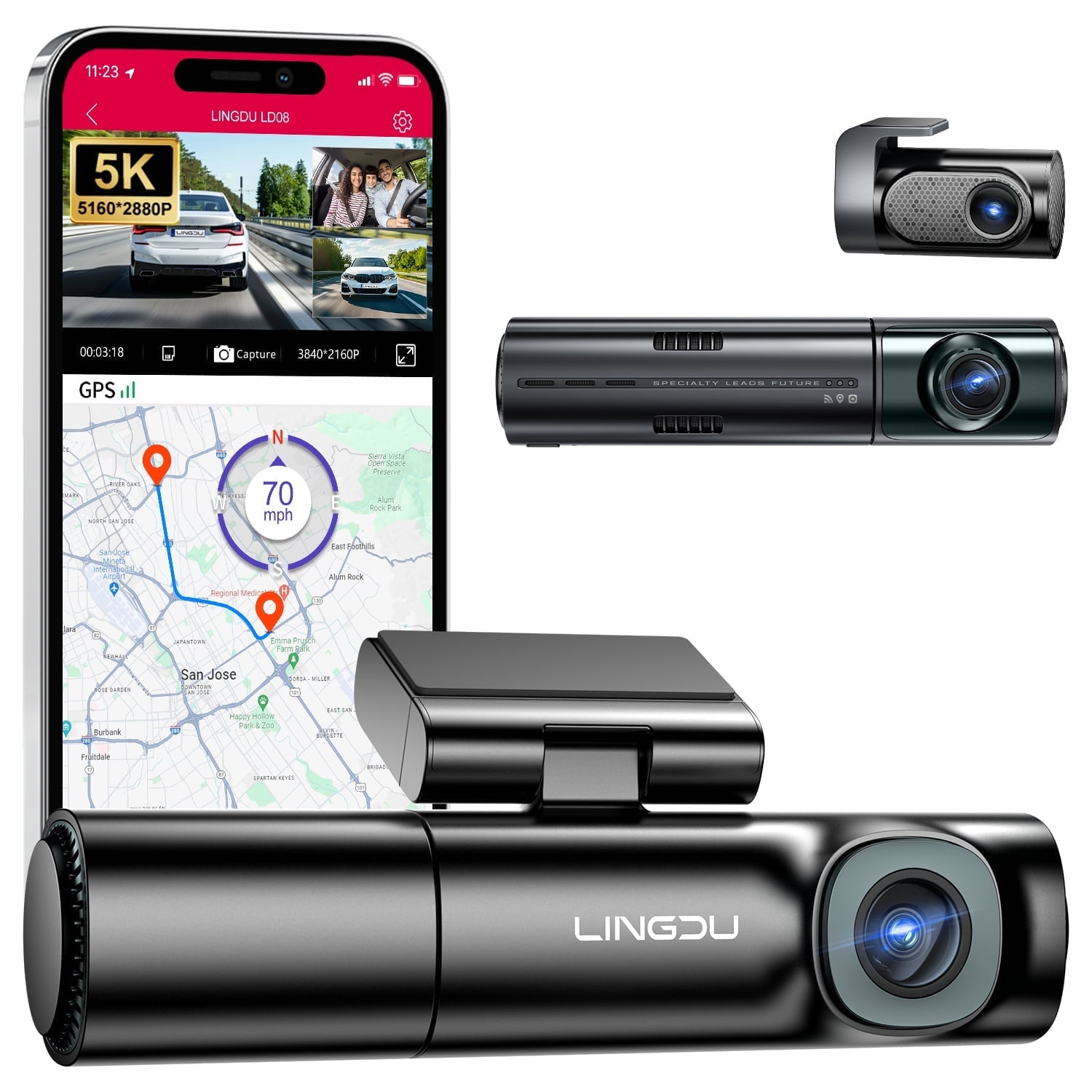 LINGDU 3 Channel Dash Cam, 5K Dashcam Front and Rear Inside, 5GHz WiFi GPS Dash Camera, 128GB ...
