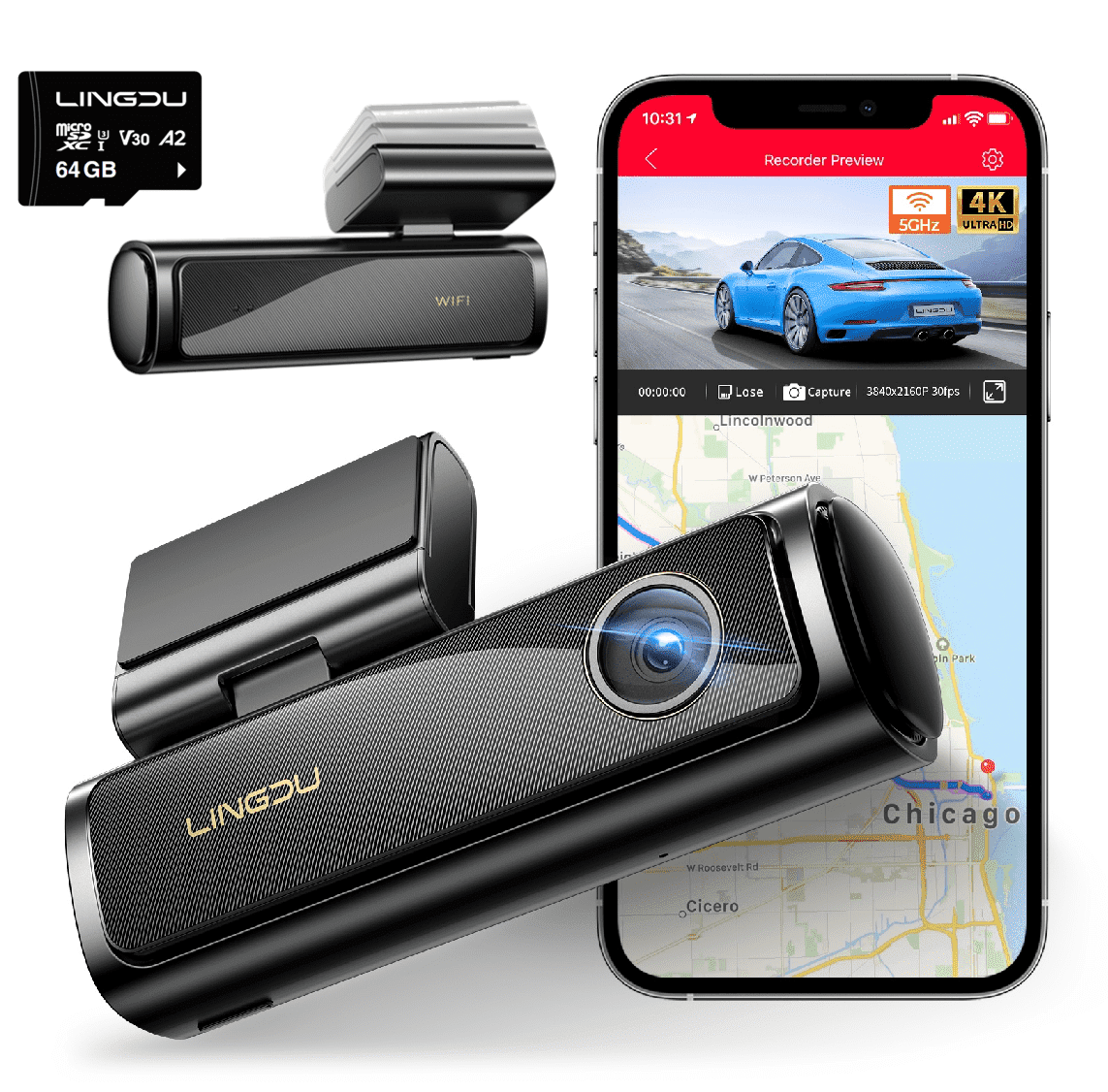 LINGDU Dash Cam, 4K Front Dash Cam for Cars, 5G WiFi Dashcam with ADAS, Free 64GB SD Card, Voice ...