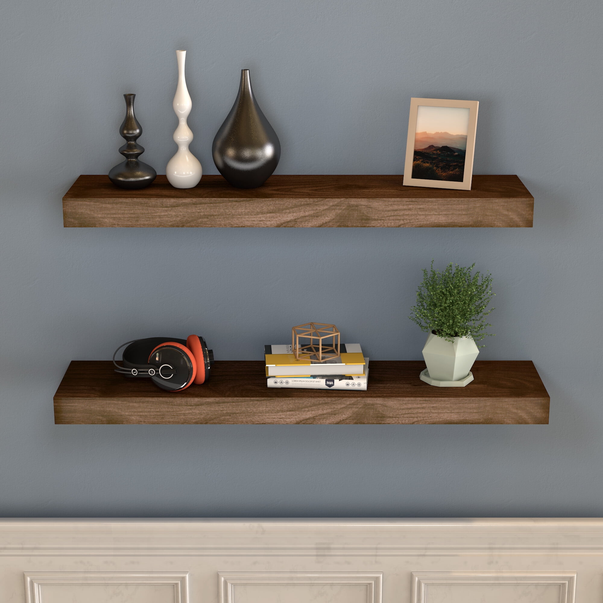 LINGJIA 2-Piece Rustic Floating Shelves, Wall-Mounted for Home, Walnut ...