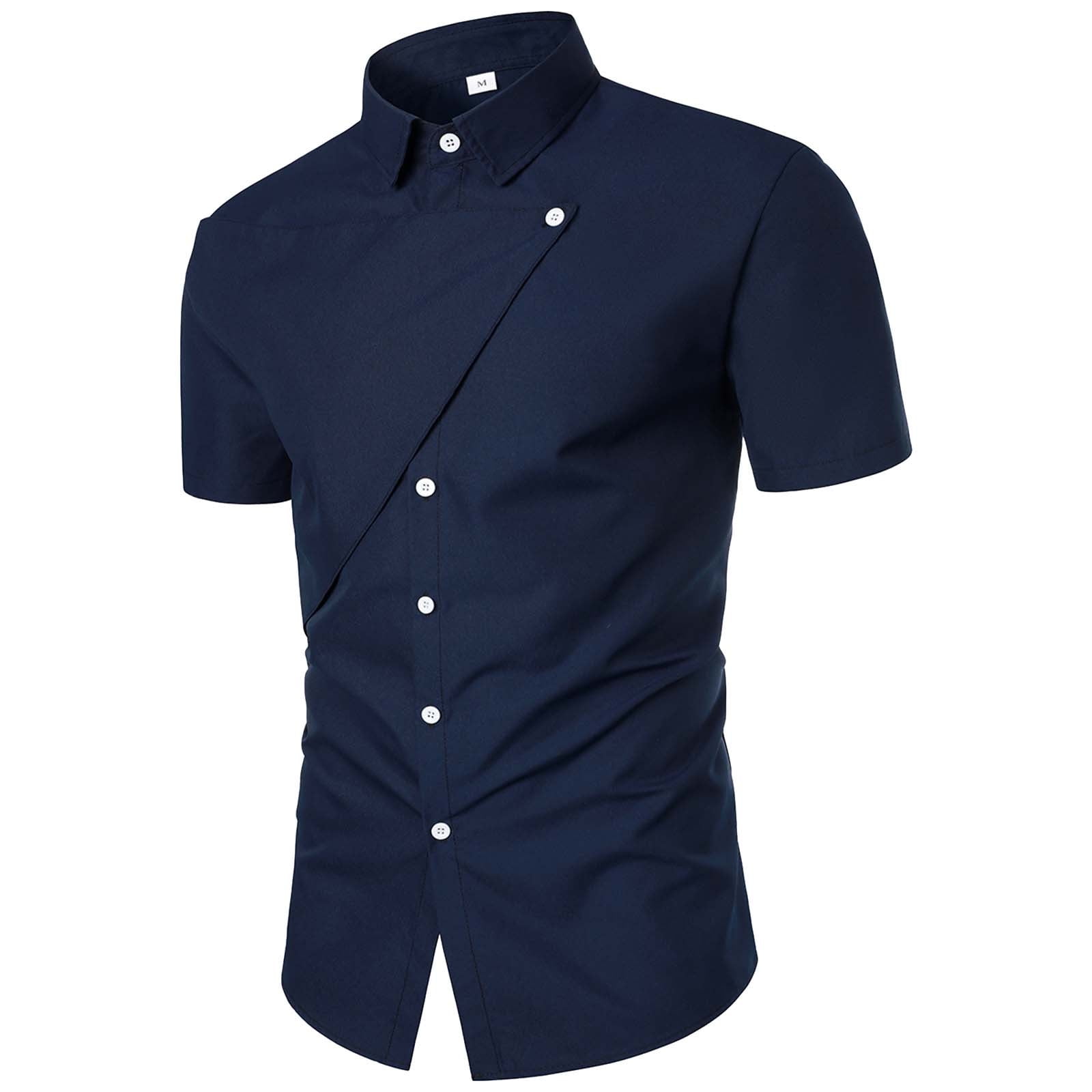 LINGLANG Men's Unique Button Design Shirt Fashion Solid Color Short ...