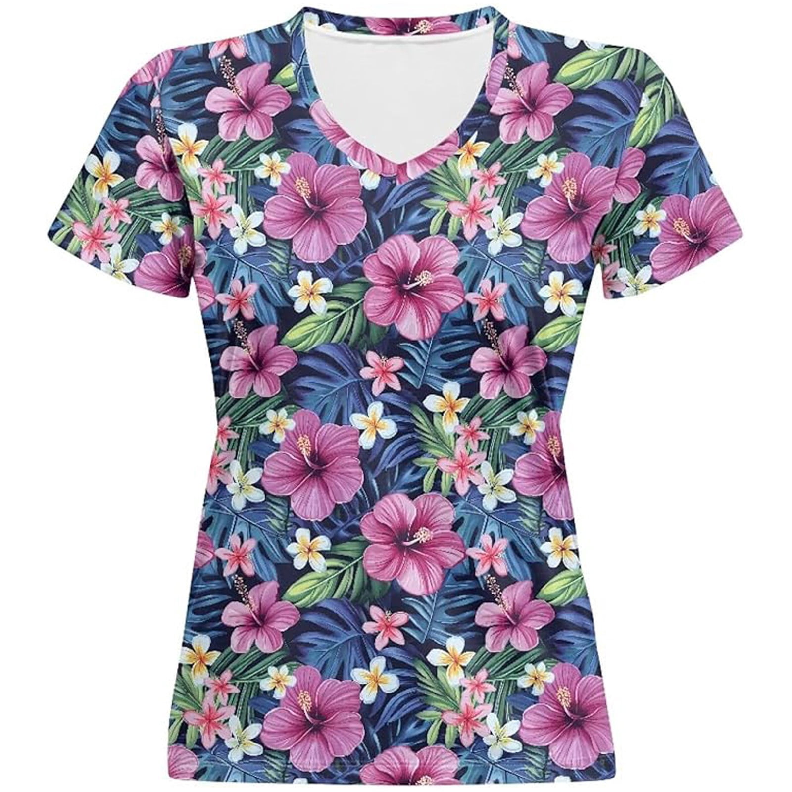 LINGLANG Womens Bohemian Floral Print T-Shirt V-Neck Short Sleeve Waist ...