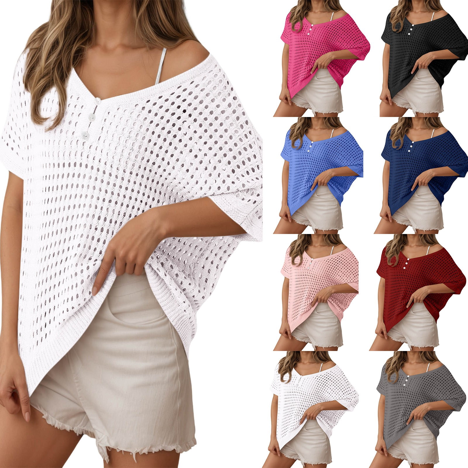LINGLANG Womens Hollow Out Crochet Tops Short Sleeve Summer Beach Cover ...