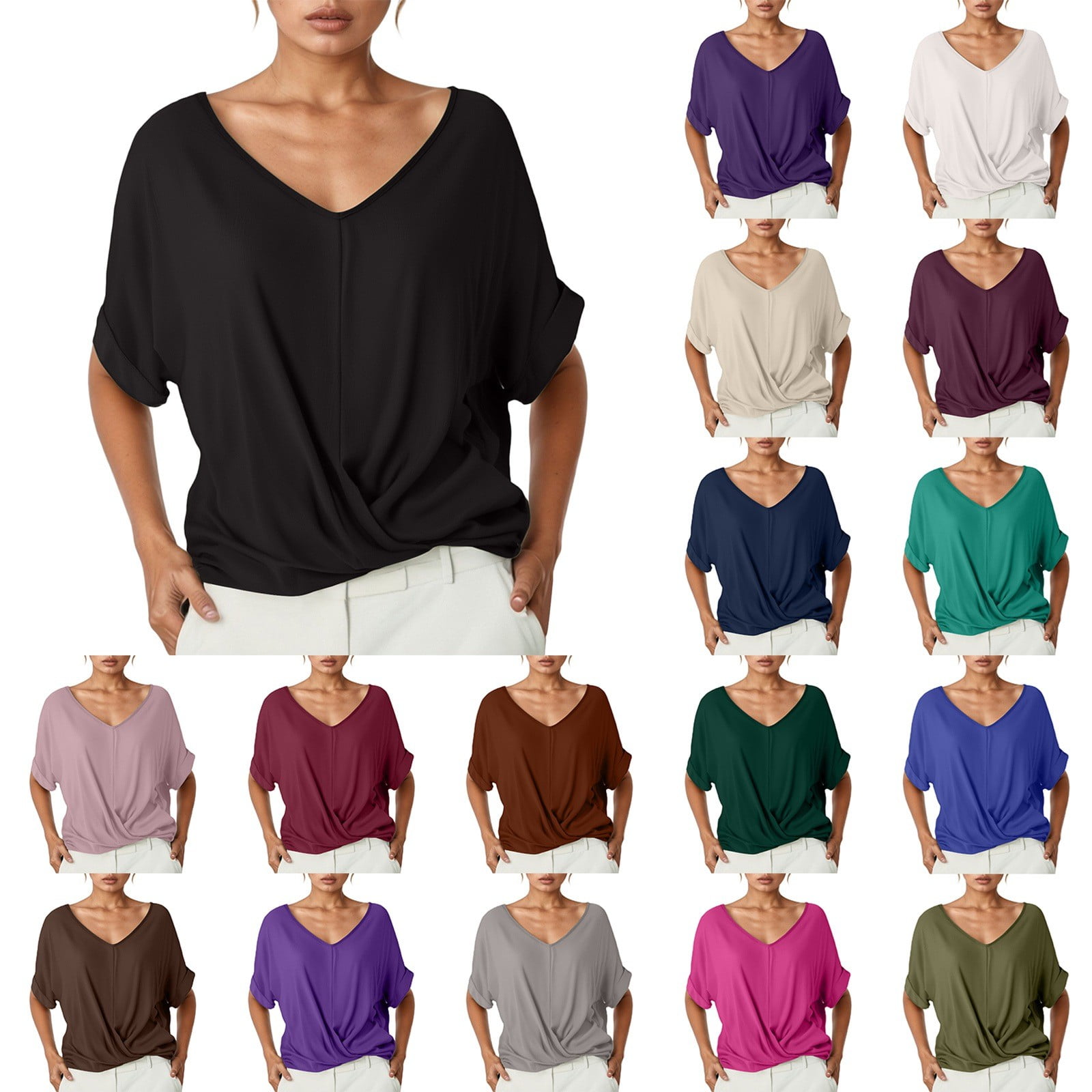 LINGLANG Womens Summer Tops Solid Color V Neck Short Sleeve Elegant ...
