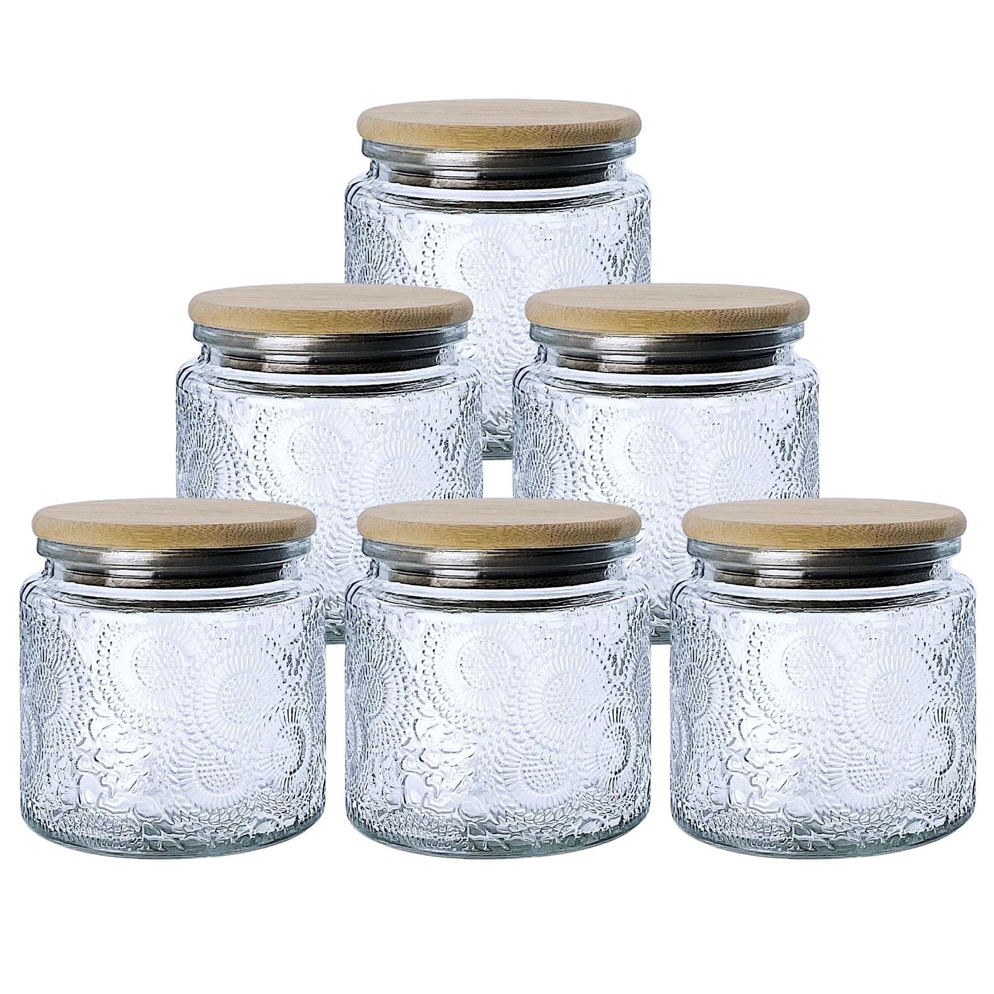 LINGSHINE 12 oz Vintage Glass Jars With Bamboo Lids, Set of 6 Embossed ...