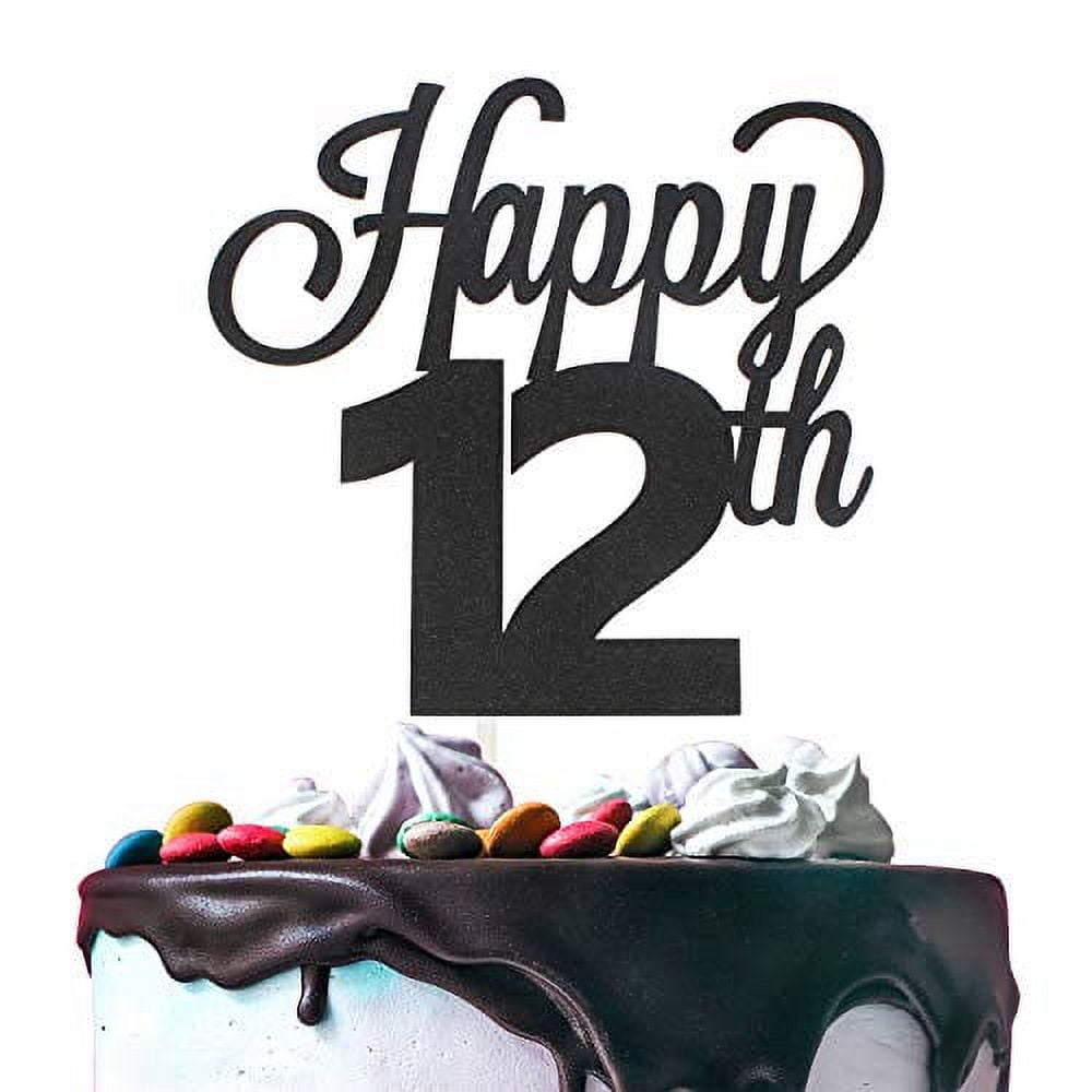 LINGTEER Happy 12th Birthday .. Black Cake Topper - .. Cheers to 12th ...