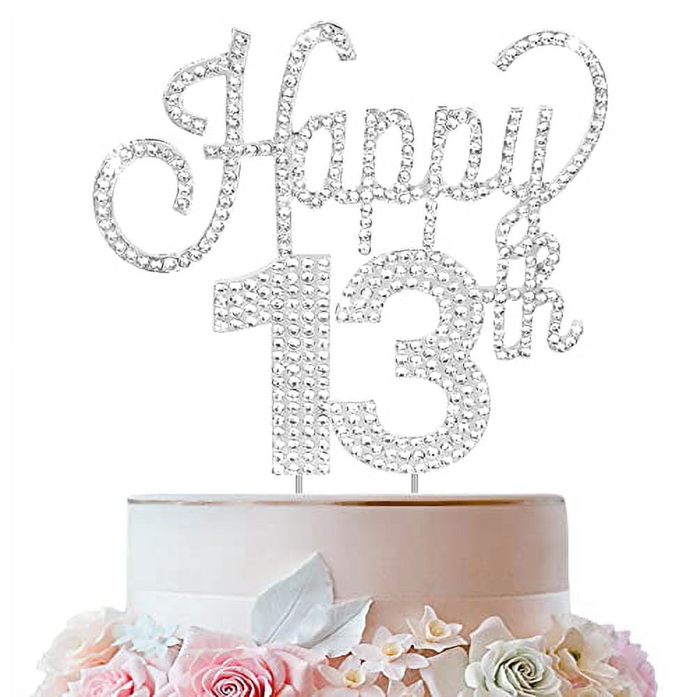 LINGTEER Happy 13th Birthday .. Silver Rhinestone Cake Topper ...