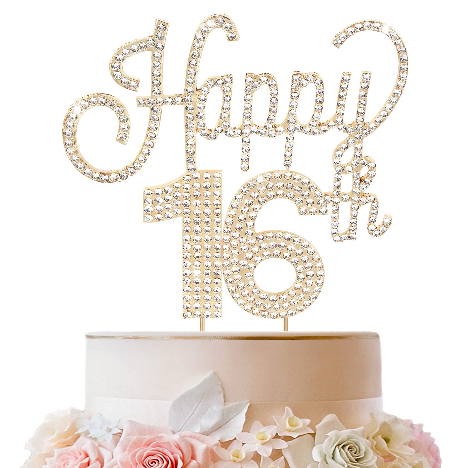 LINGTEER Happy 16th Birthday Gold Rhinestone Cake Topper - Cheers to ...