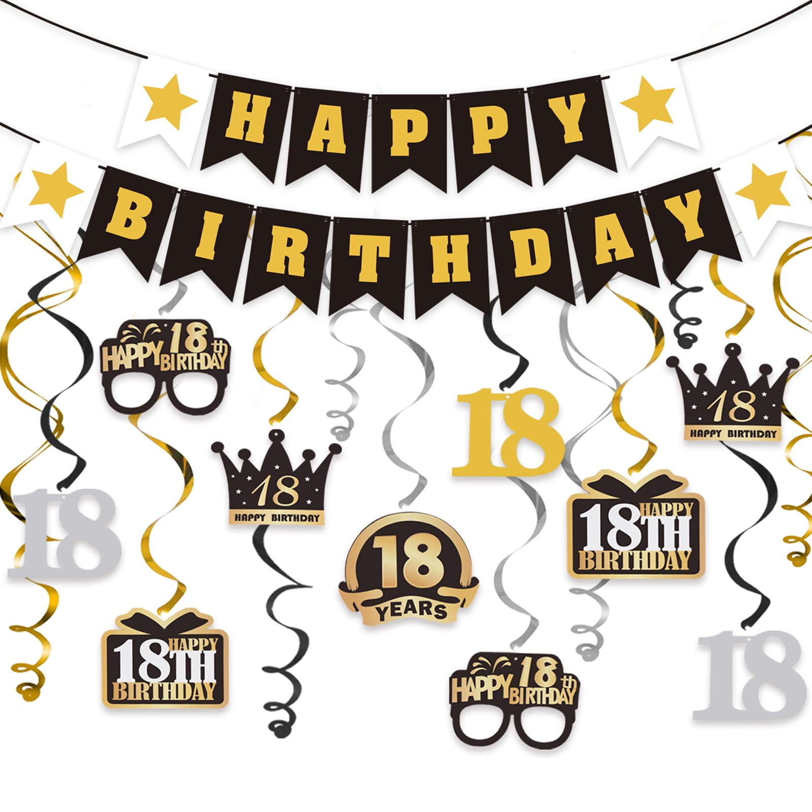 LINGTEER Happy 18th Birthday Decorations Set AFN1- 12 Pcs Black & Gold Foil Swirls Streamer with ...