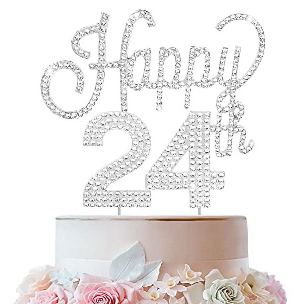 LINGTEER Happy 24th Birthday Silver Rhinestone Cake Topper - Cheers to ...