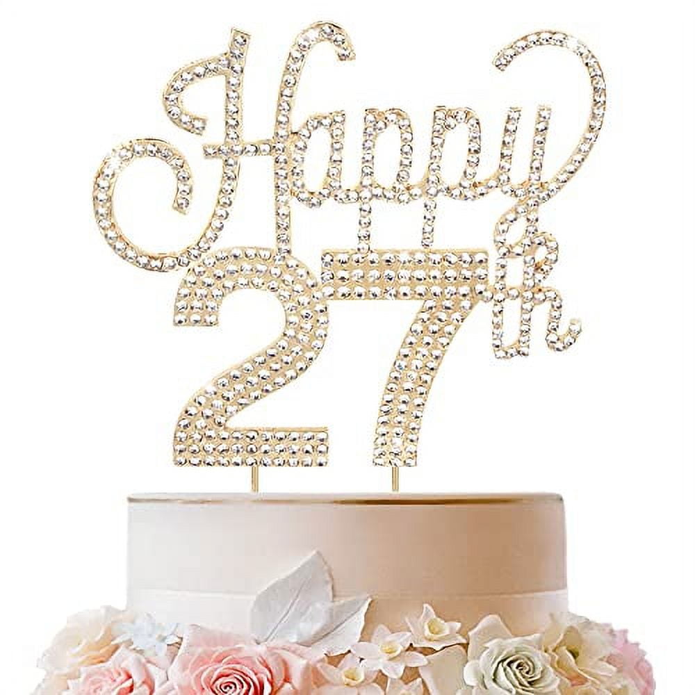 LINGTEER Happy 27th Birthday Gold Rhinestone Cake Topper - Cheers to ...
